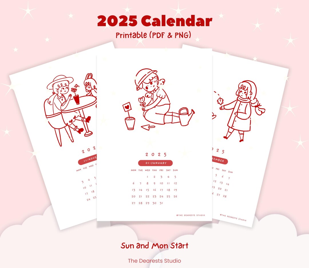 Red Cute 2025 Illustrated Printable Calendar With a Cute Bear and Bunny ...