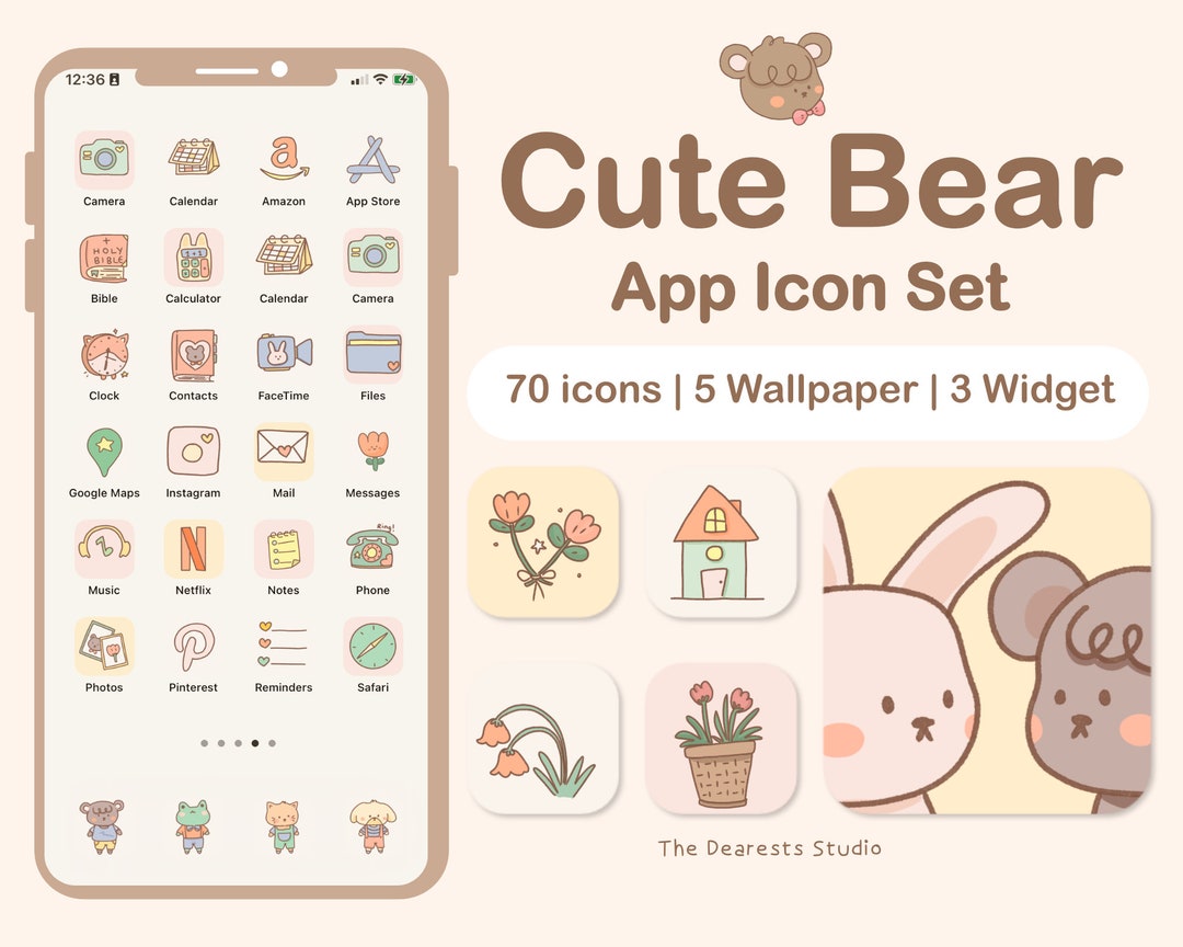 CUTE COZY BEAR Hand Drawn Icon Set With Matching Wallpaper | Cute Beige ...