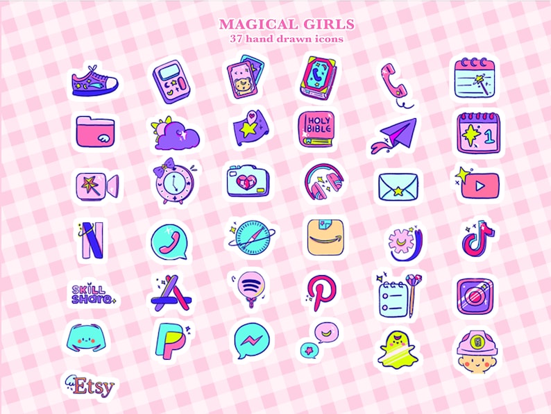 CUTE Magical Girls Hand Drawn Icon Pack With Matching Wallpapers | 140 ...