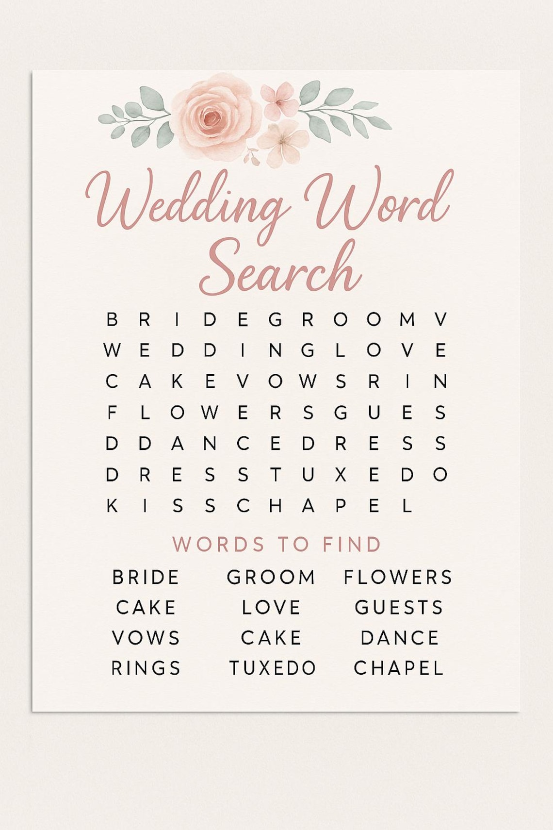 Romantic Wedding Crossword | Wedding Word Search Printable | Guest ...