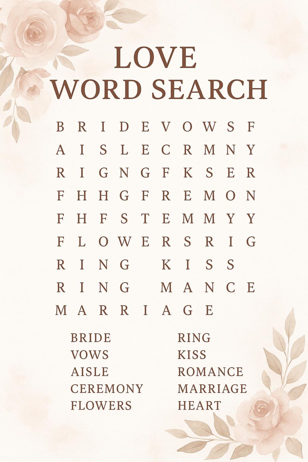 Love Wedding Crossword Search Printable | Romantic Puzzle Game ...
