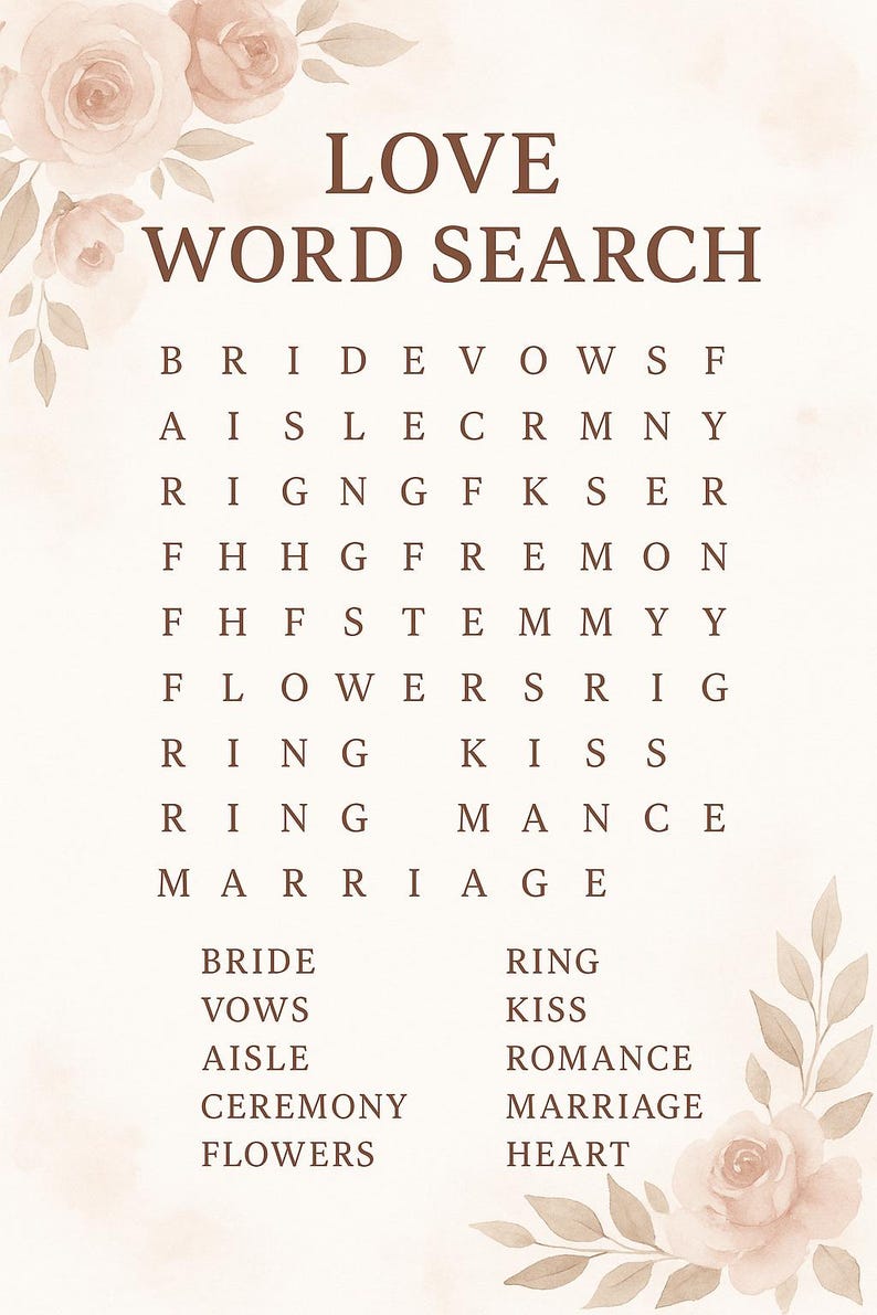 Love Wedding Crossword Search Printable | Romantic Puzzle Game ...