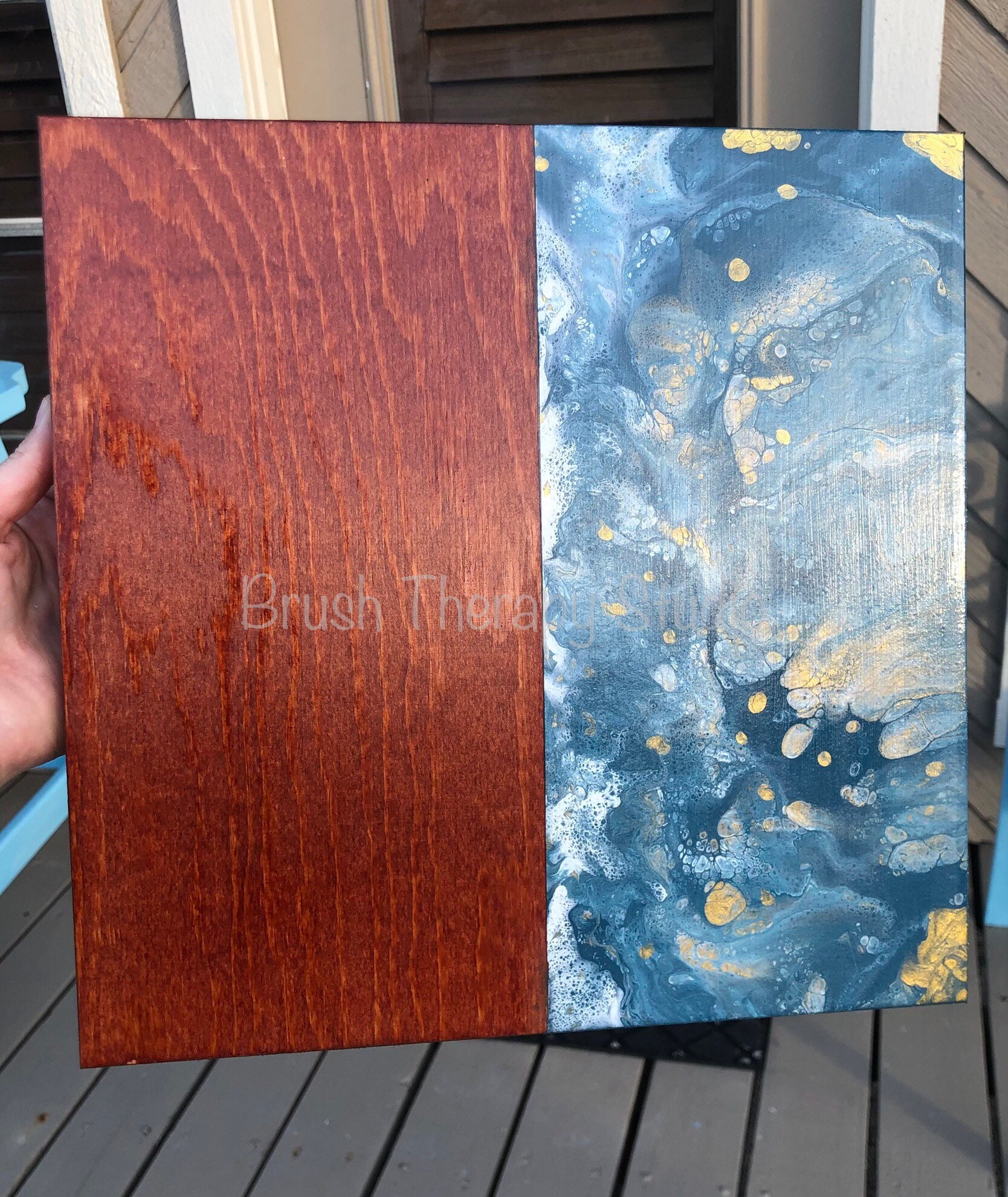 Split Wood Canvas, Half Stained Wood and Half an Acrylic Pour Painting ...