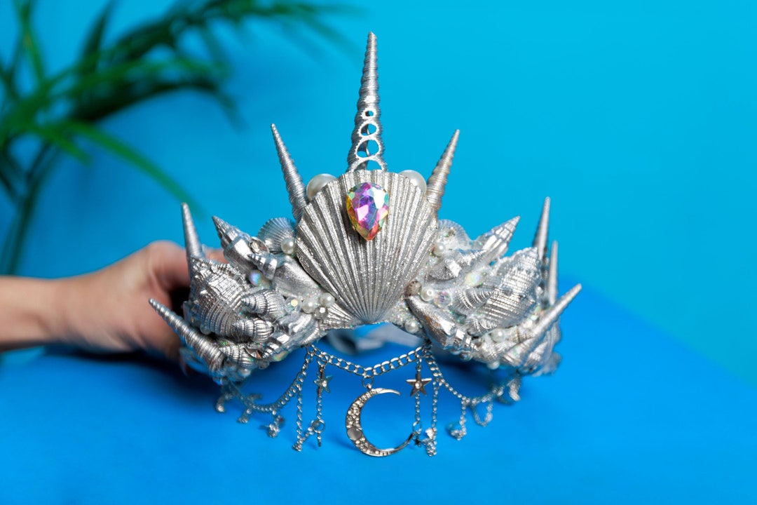 Silver Mermaid Crown, Moon Siren Quinceanera Crown . Seashell Crown ...