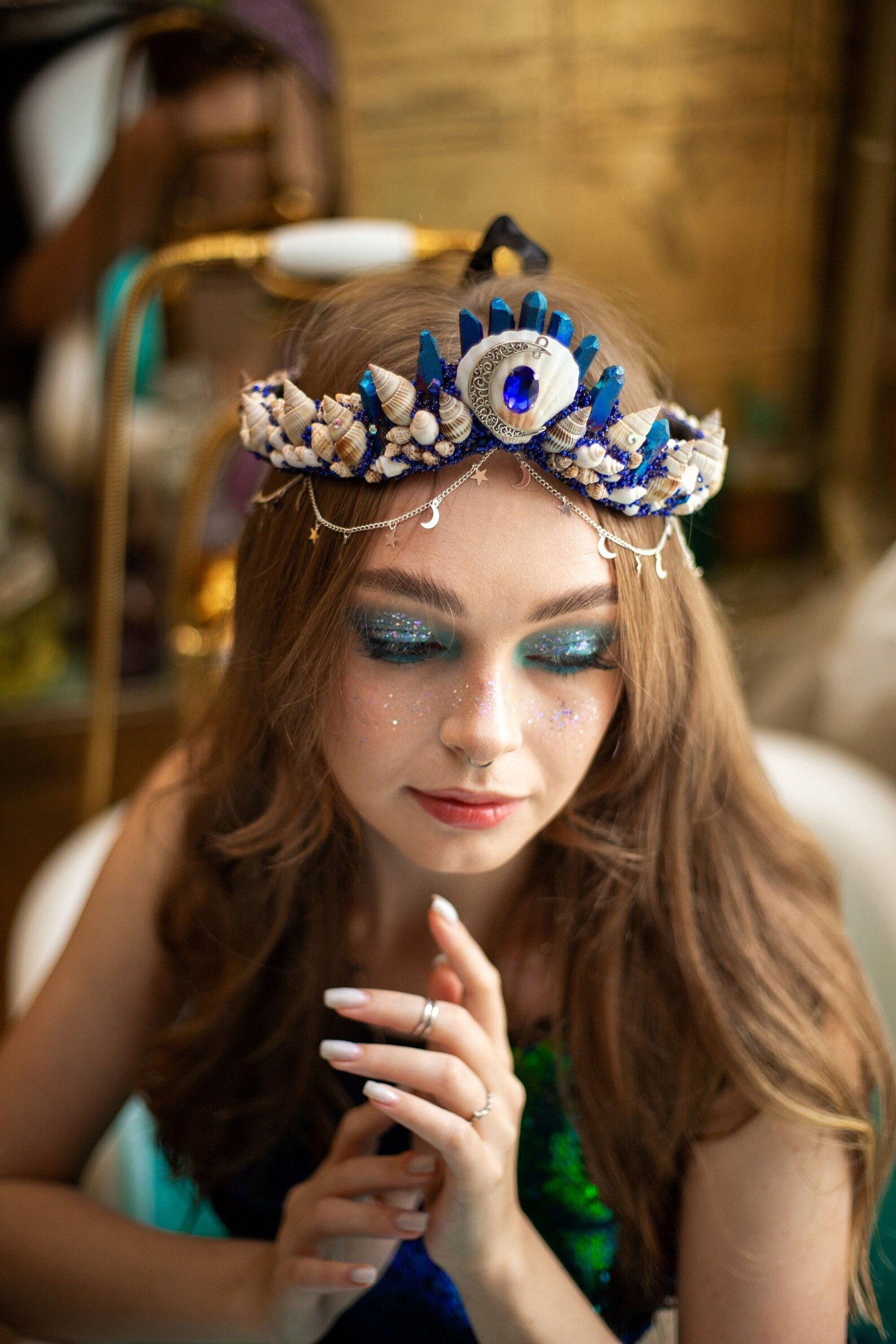 Blue Mermaid Crown Half Moon Headpiece. Crystal Crown. - Etsy