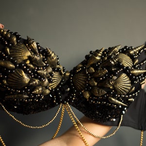 Gothic Mermaid Bra, Black Seashell Bra for Halloween Costume, Siren Costume Gold Black Shells ...