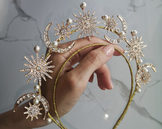 Star Tiara. Celestial Headpiece. Gold Halo Crown. Bridal Moon Headband ...