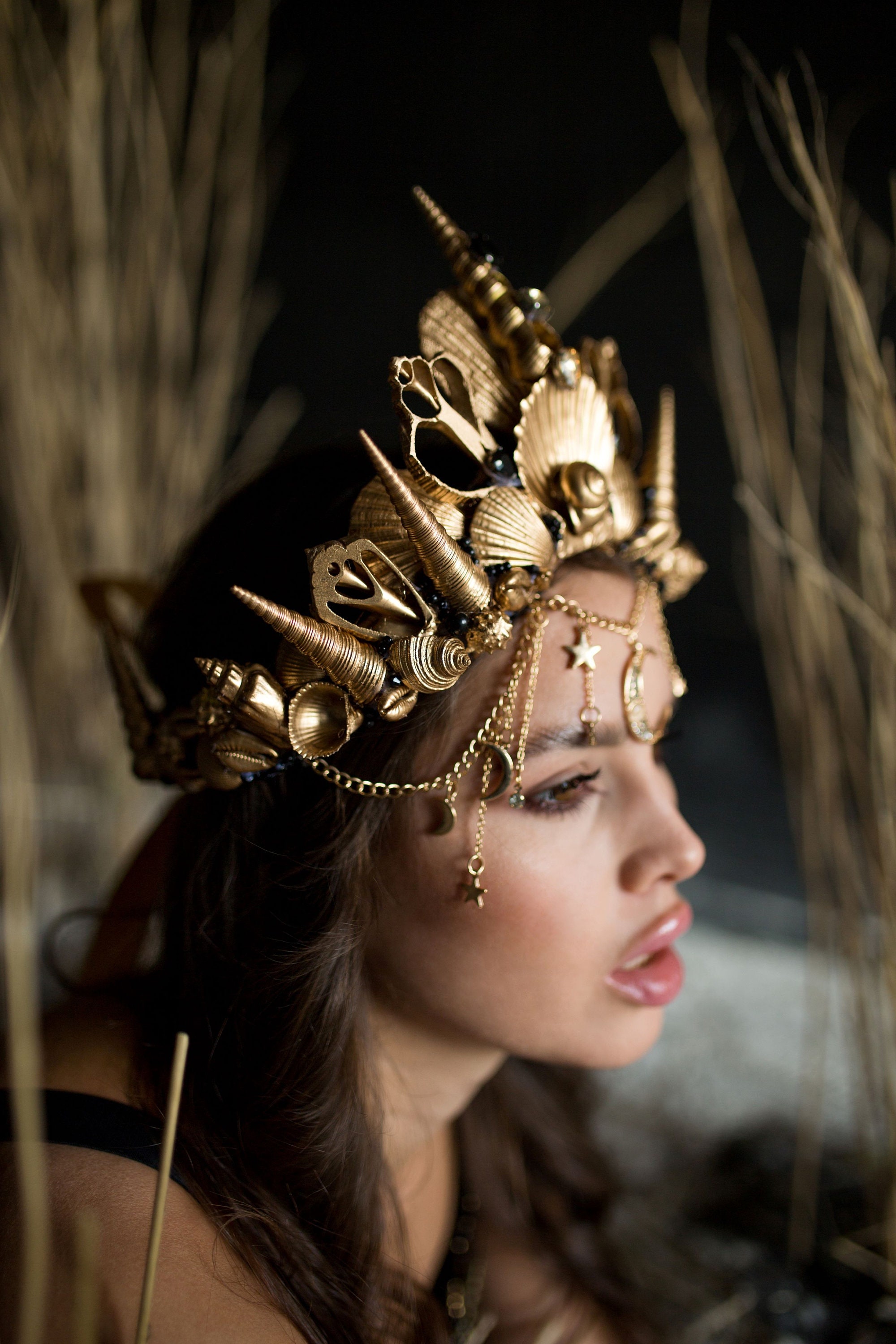 Gold Mermaid Crown, Moon Headpiece. Sea Shell Crown. Halloween ...
