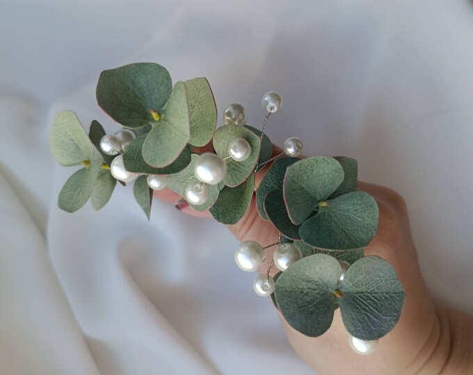 Eucalyptus Pearl Hair Pins Greenery Bridal Hair Piece Rustic Wedding ...