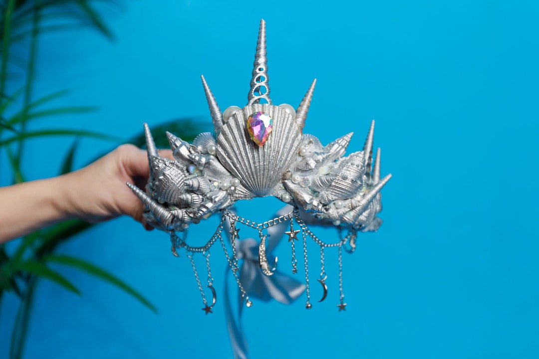 Silver Mermaid Crown, Moon Siren Quinceanera Crown . Seashell Crown ...