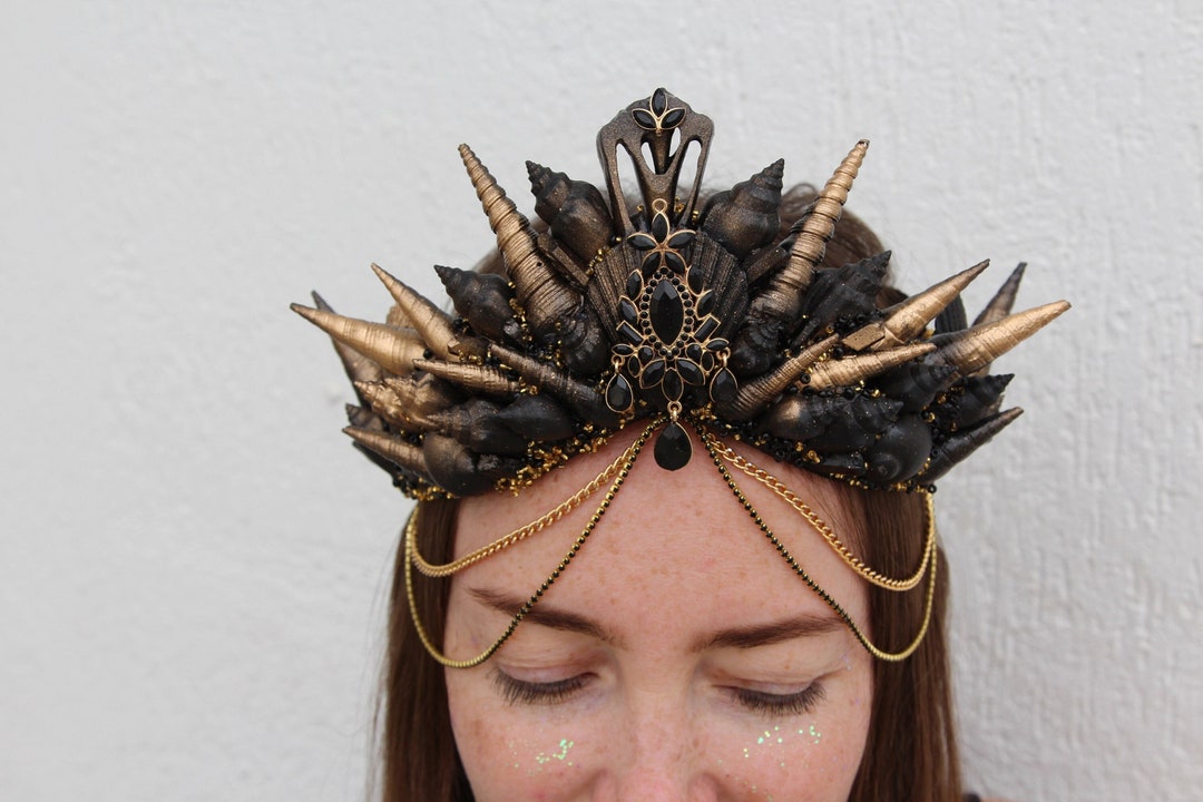 Gothic Mermaid Crown Adult. Gold Black Crystal Crown. Gothic Headpiece ...