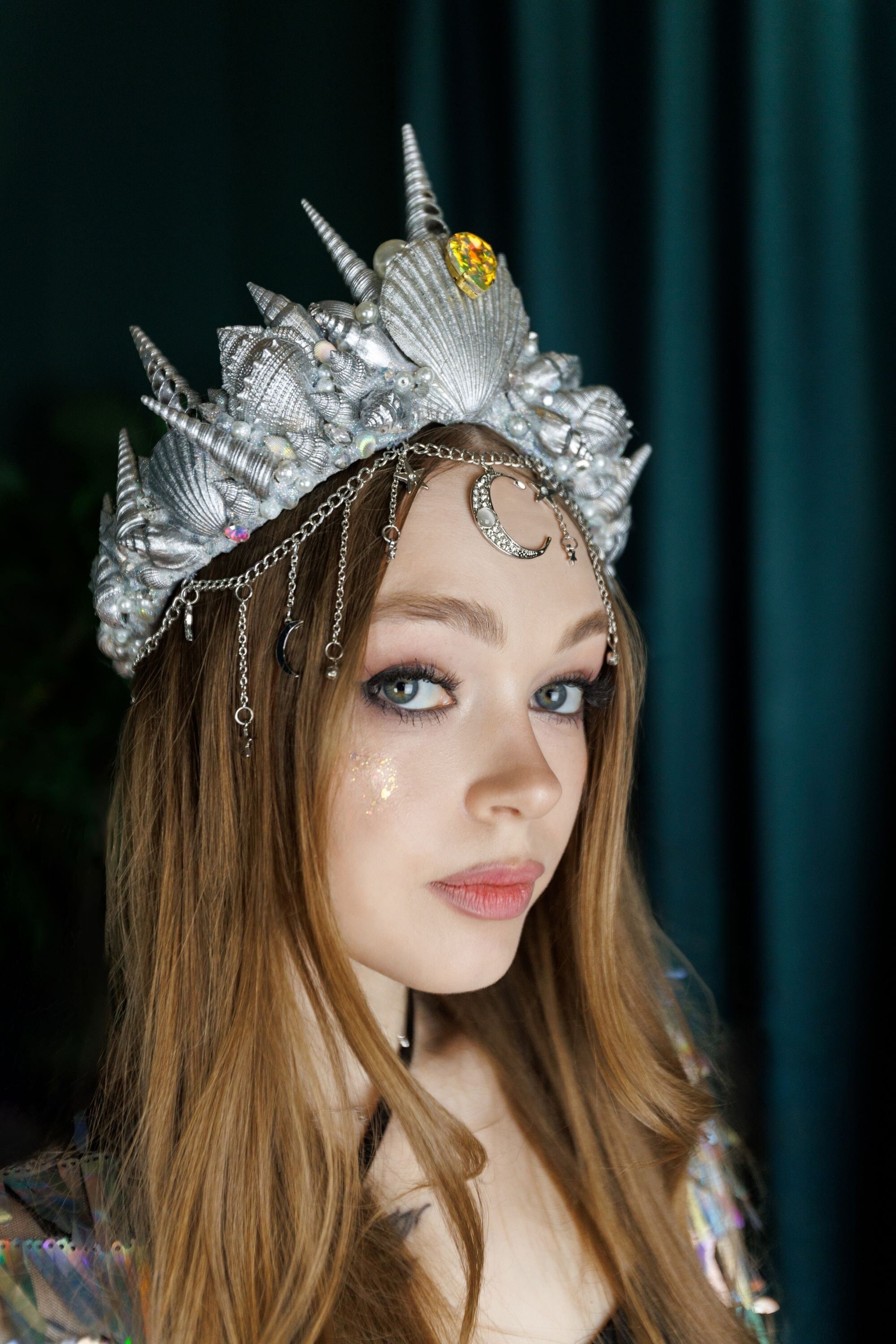 Silver Mermaid Crown, Moon Siren Quinceanera Crown . Seashell Crown ...