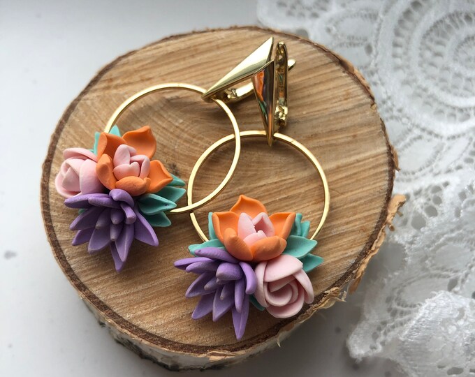 Colorful Succulent Earrings Floral Hoop Earrings, Pastel Earrings ...