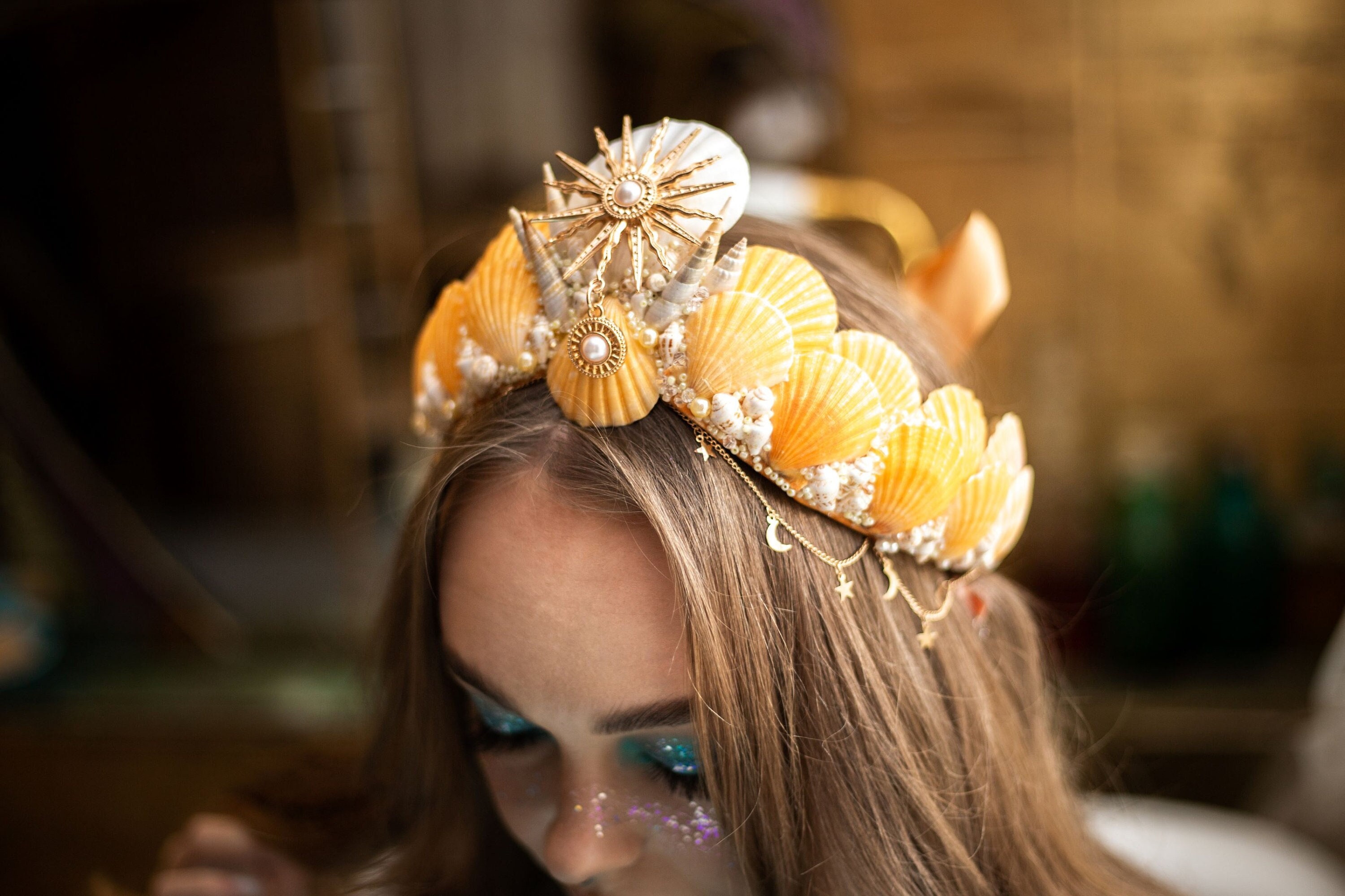 Mermaid Crown, Gold Star Tiara, Orange Shell Celestial Headpiece - Etsy