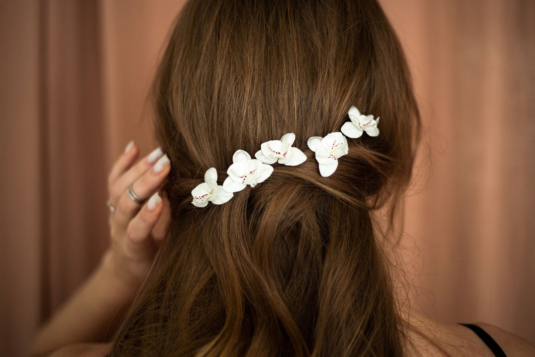 Mini Orchid Hair Pins Set of 5. White Floral Bridal Hair Pins. Floral ...