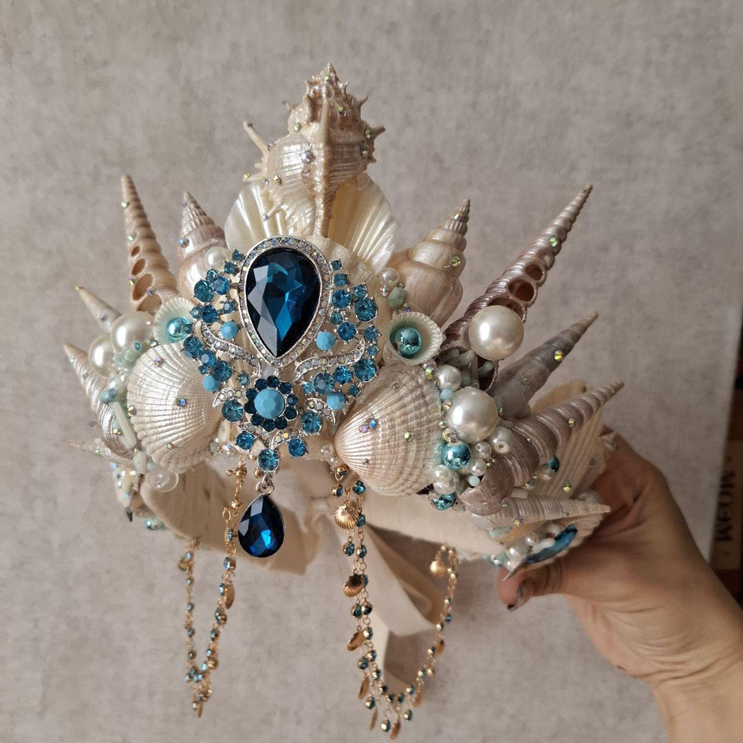 Pearl Mermaid Crown With Blue Rhinestone. Sea Shell Crown. Beach ...