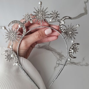 Silver Star Tiara. Celestial Headpiece. Silver Halo Crown. Wedding Moon ...