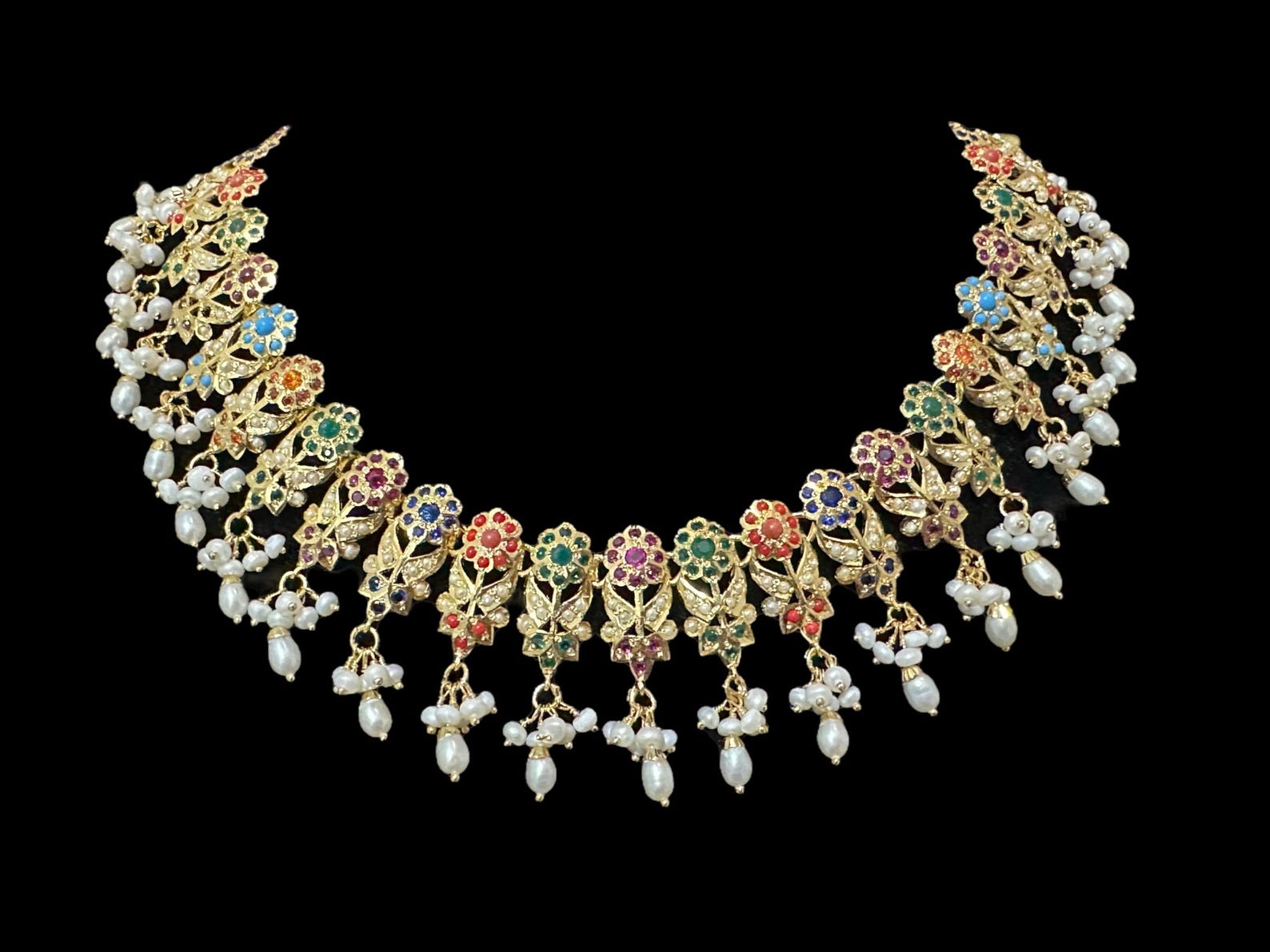 Navratan / Multicolor Jadau Necklace With Earrrings on Gold Plated ...