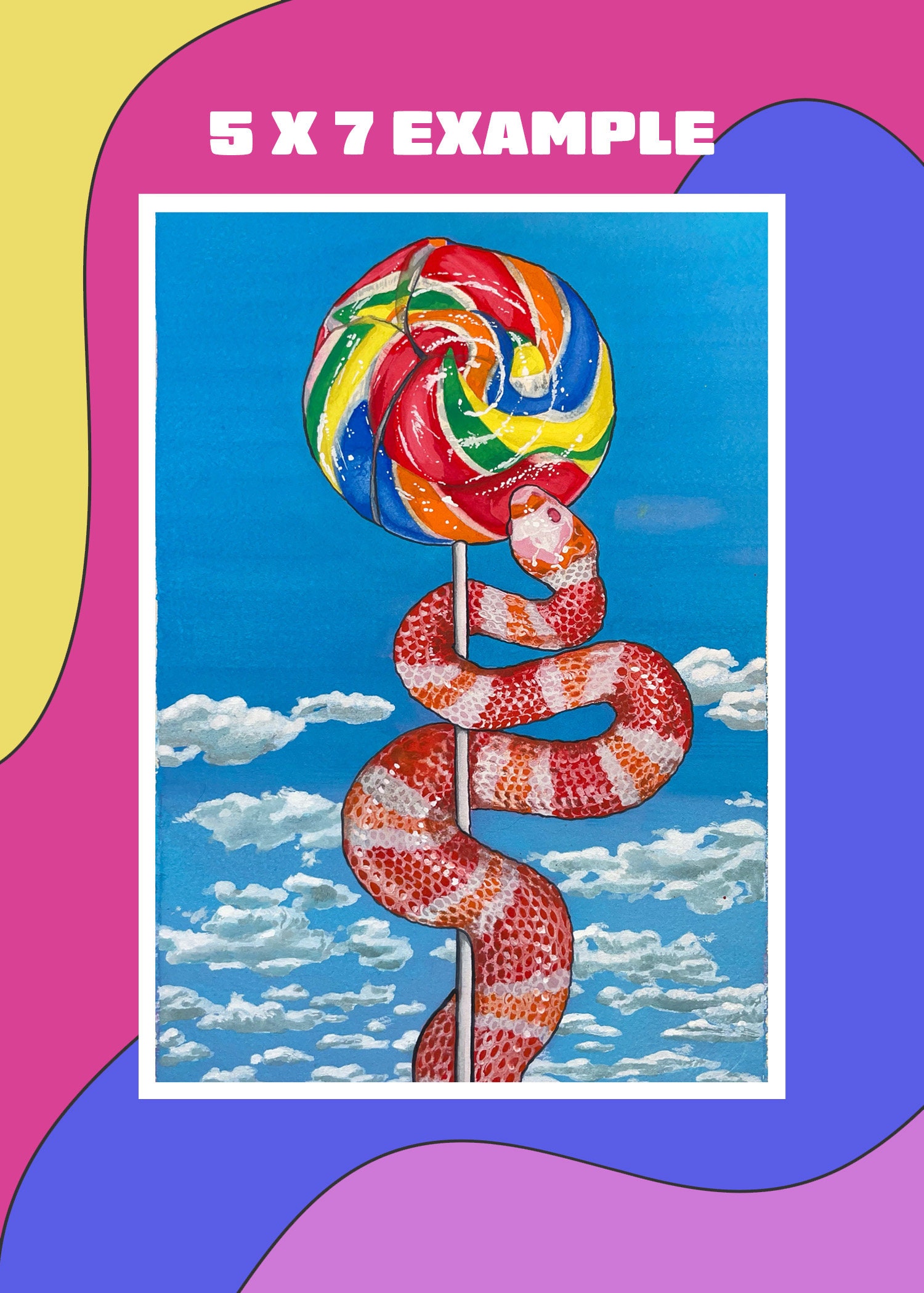 Snake Art Print Original Painting of a Milk Snake and a Lollipop Clouds ...