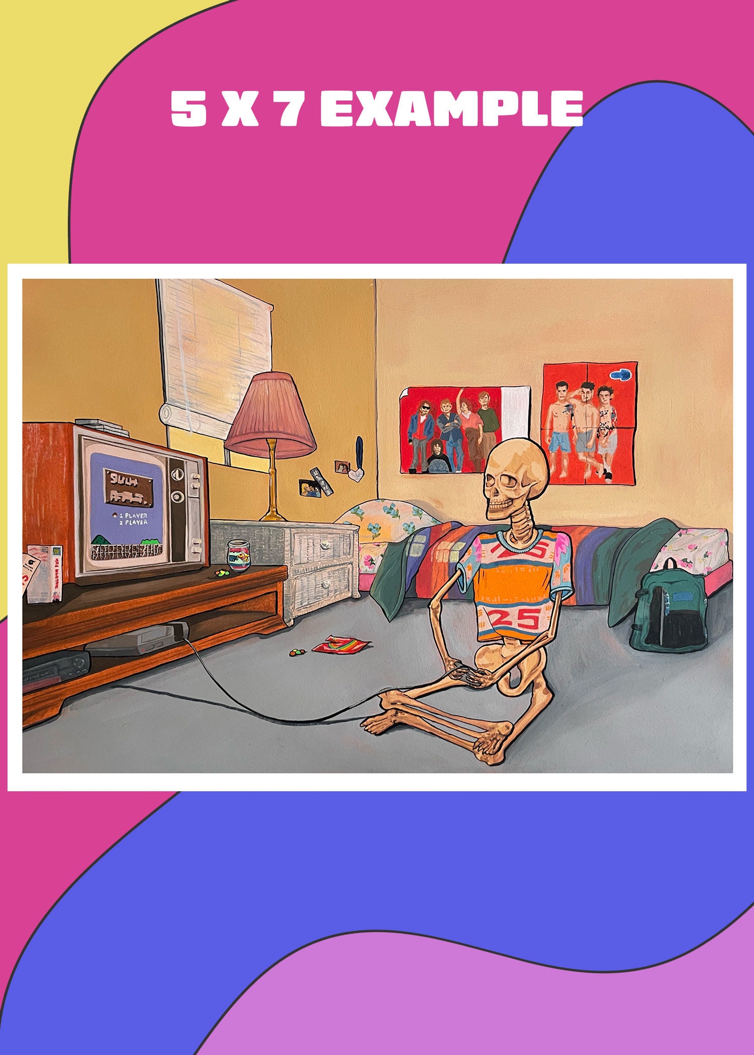 Skeleton Art Print Original Painting of Skeleton Playing Video Games ...