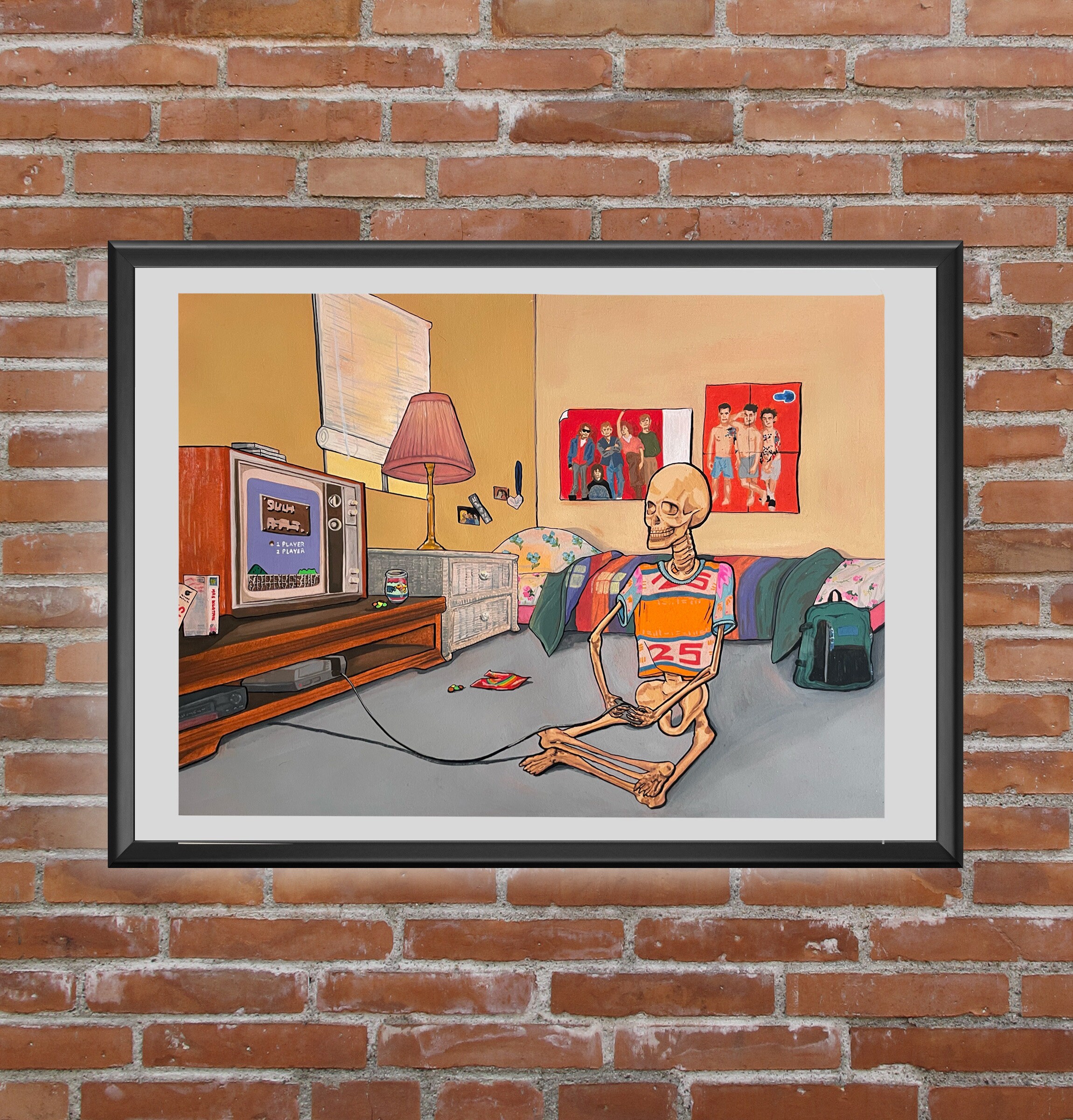 Skeleton Art Print Original Painting of Skeleton Playing Video Games ...