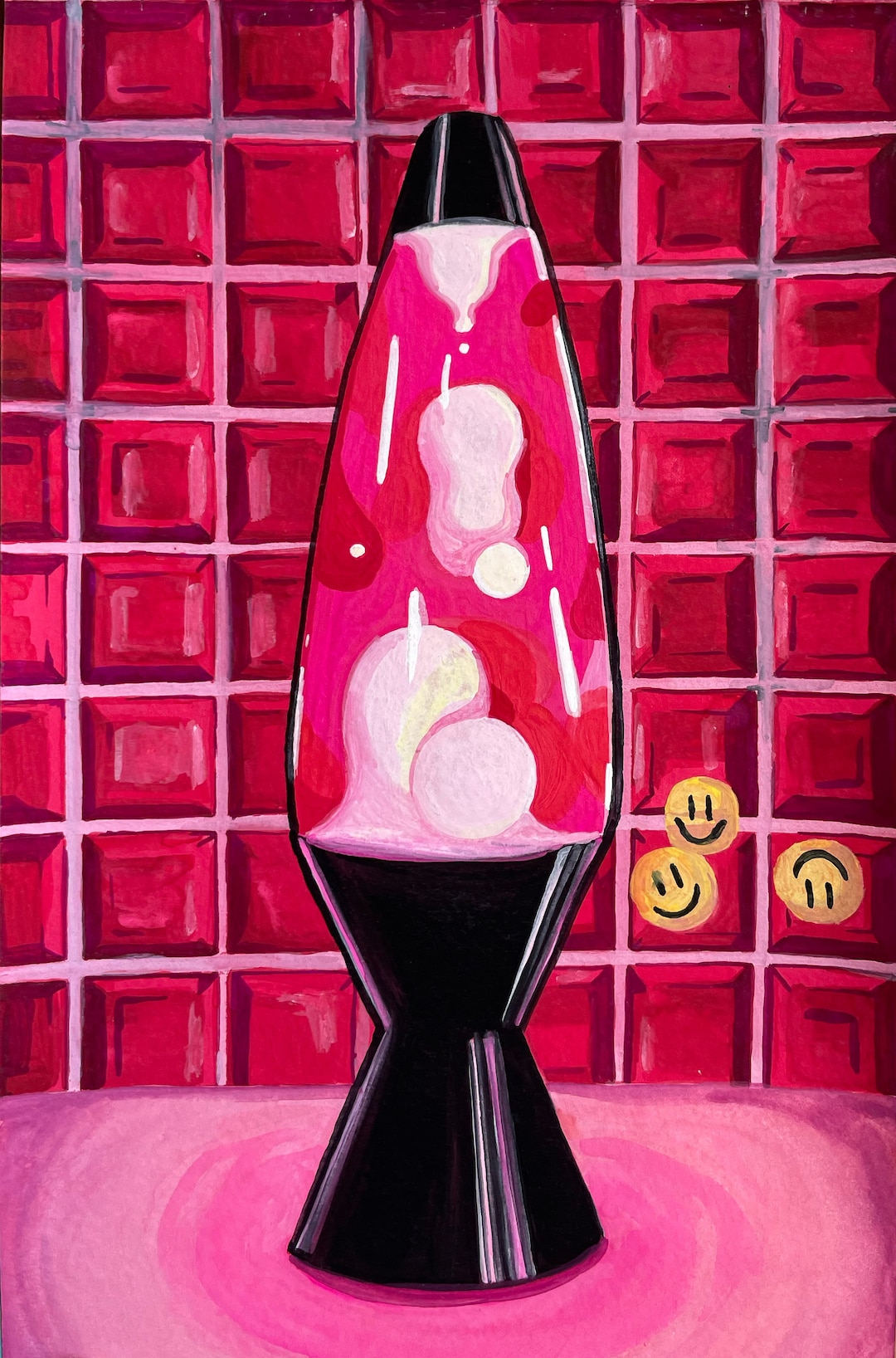 Red Lava Lamp Original Wall Art Print 90s Smiley Pink Handmade Painting ...