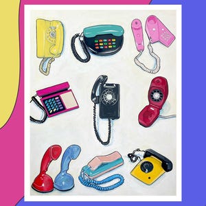 Vintage Telephone Art Print Original Painting of Retro Phones Home ...