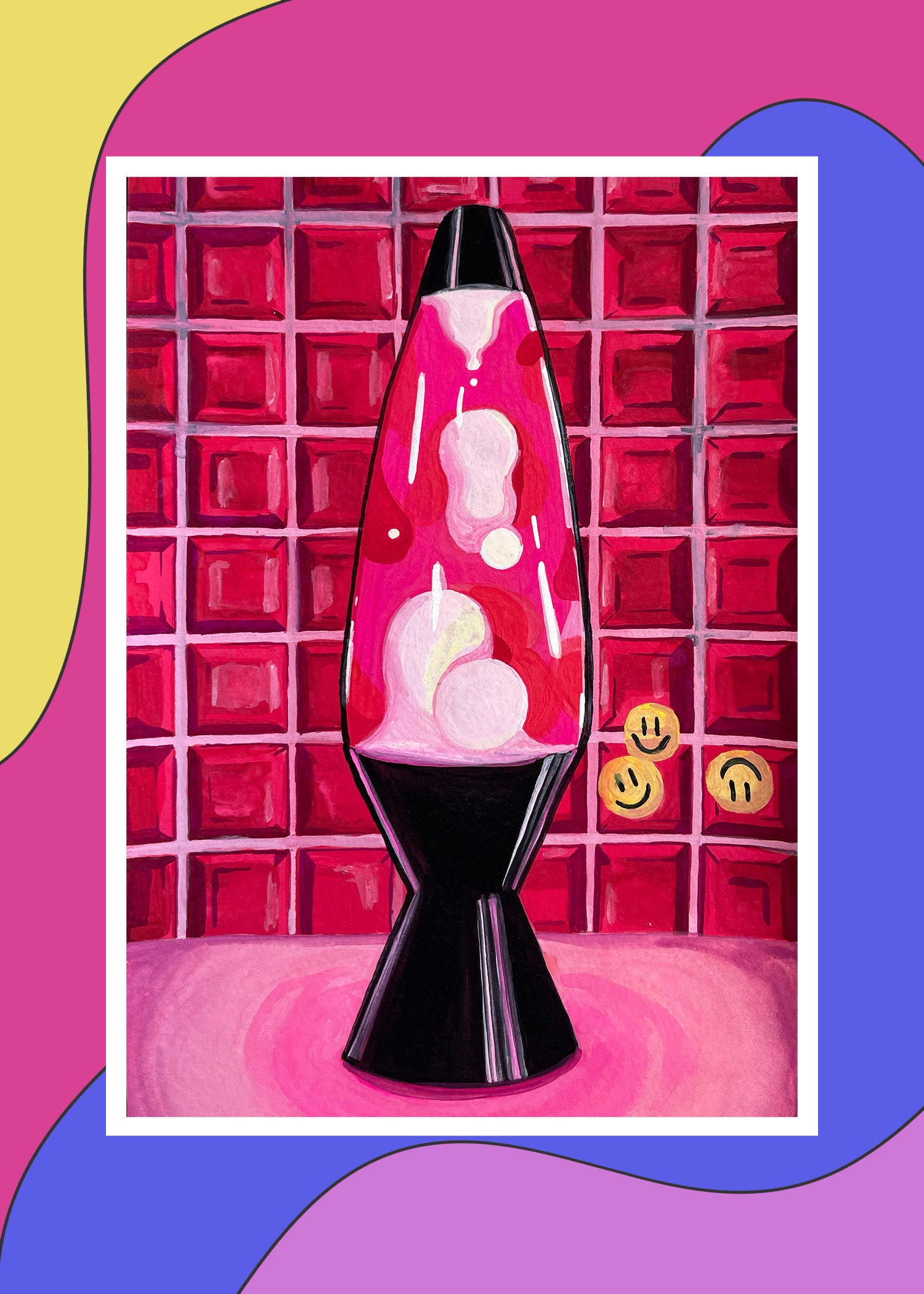 Red Lava Lamp Original Wall Art Print 90s Smiley Pink Handmade Painting ...