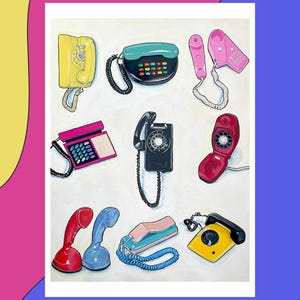 Vintage Telephone Art Print Original Painting of Retro Phones Home ...
