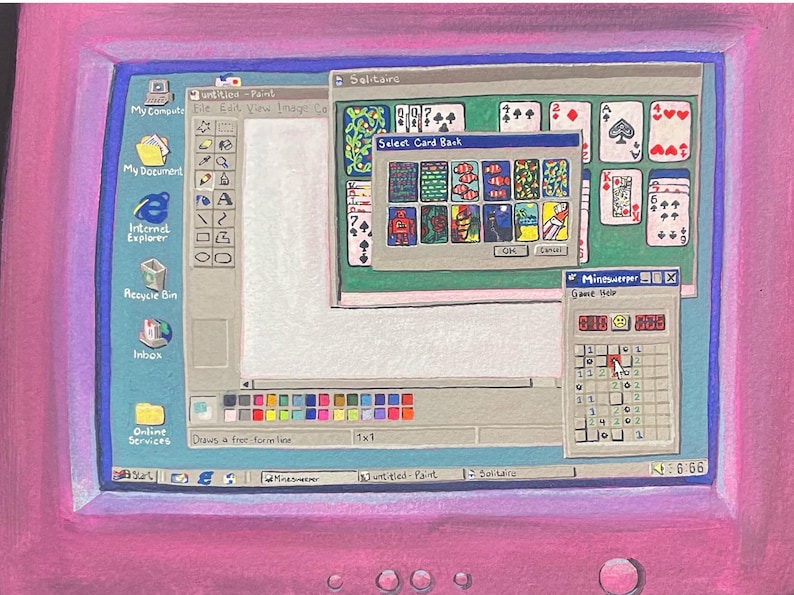 Y2K 1990s Painting MS Paint Minesweeper Solitaire Computer Desk ...