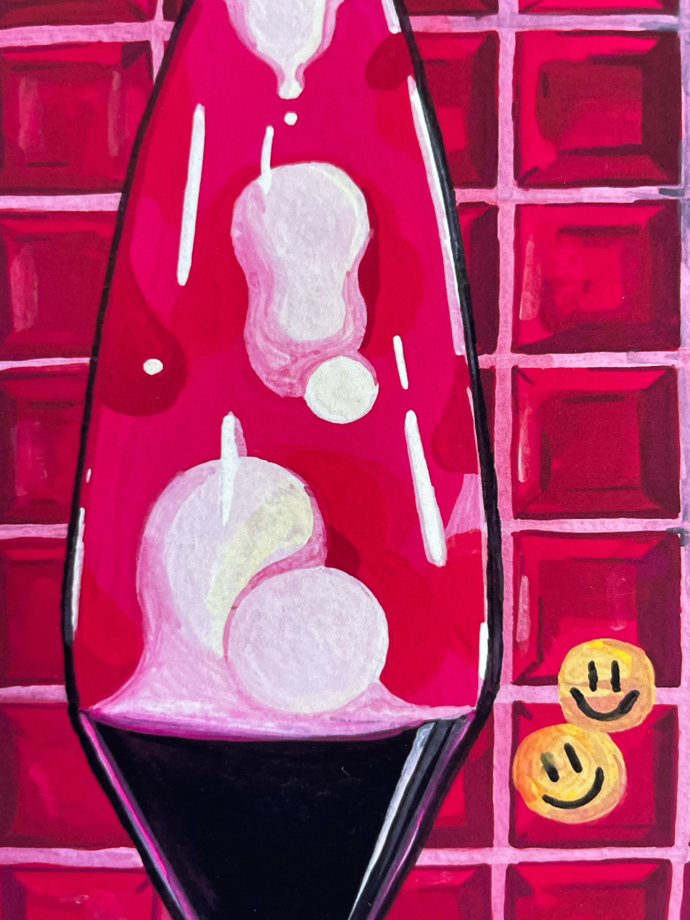 Red Lava Lamp Original Wall Art Print 90s Smiley Pink Handmade Painting ...