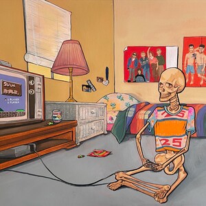 Skeleton Art Print Original Painting of Skeleton Playing Video Games ...