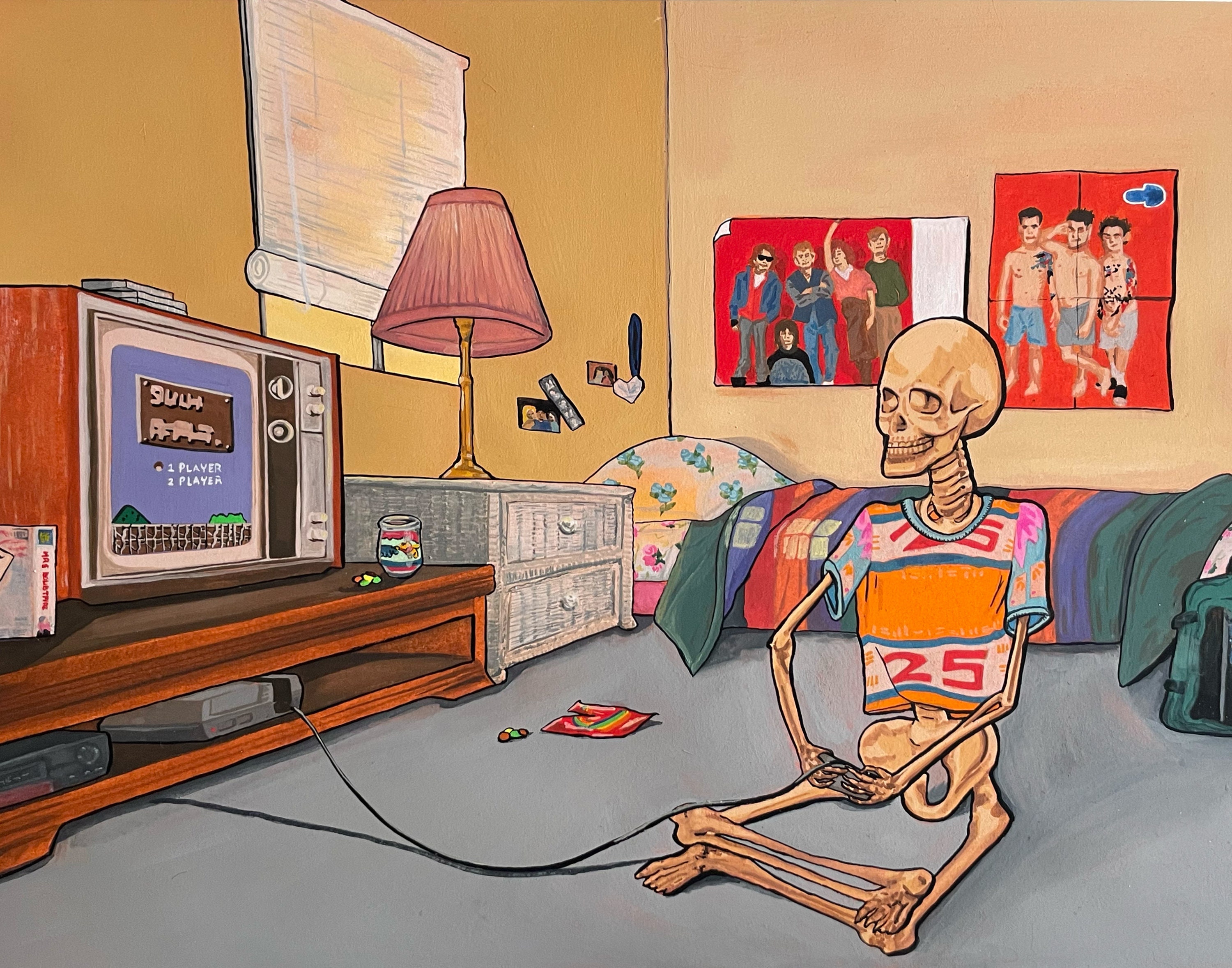 Skeleton Art Print Original Painting of Skeleton Playing Video Games ...