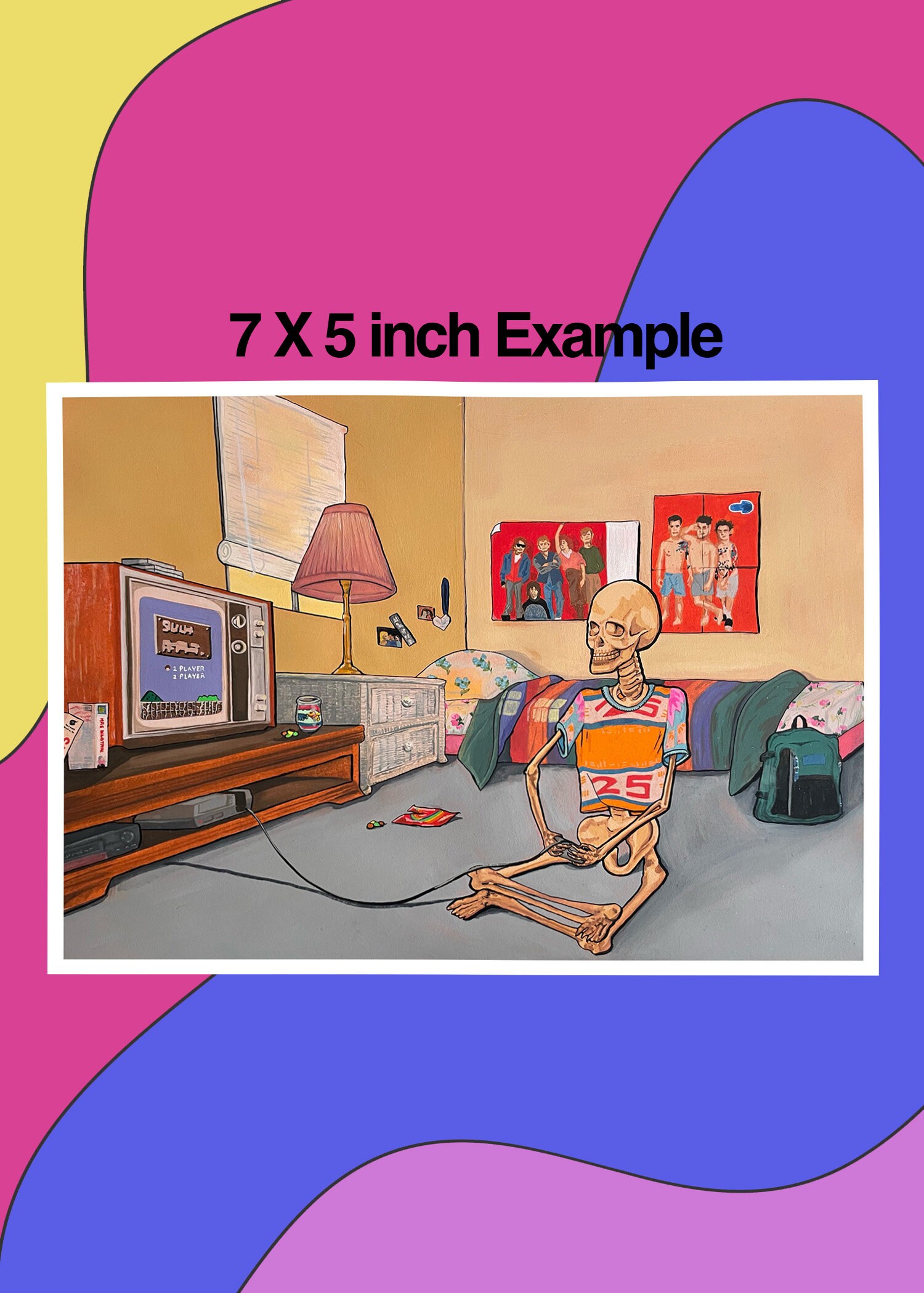 Skeleton Art Print Original Painting of Skeleton Playing Video Games ...