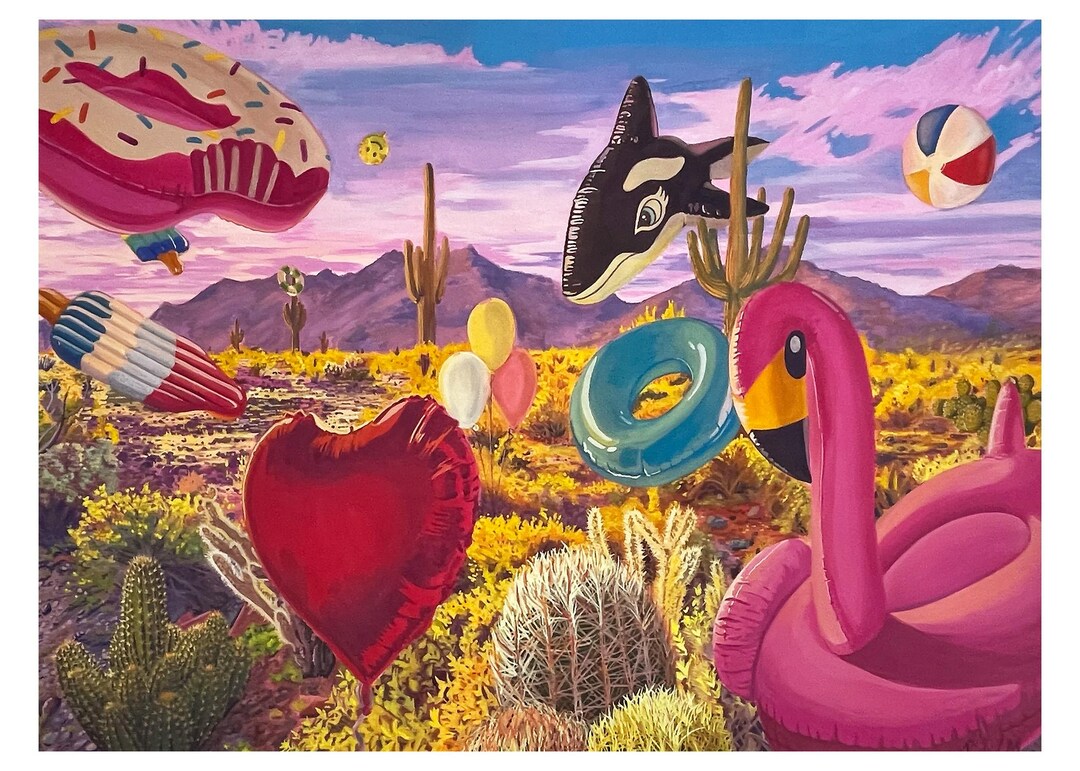 Original Paiting Art Print of Summer Pool Party Inflatables in a Sunset ...