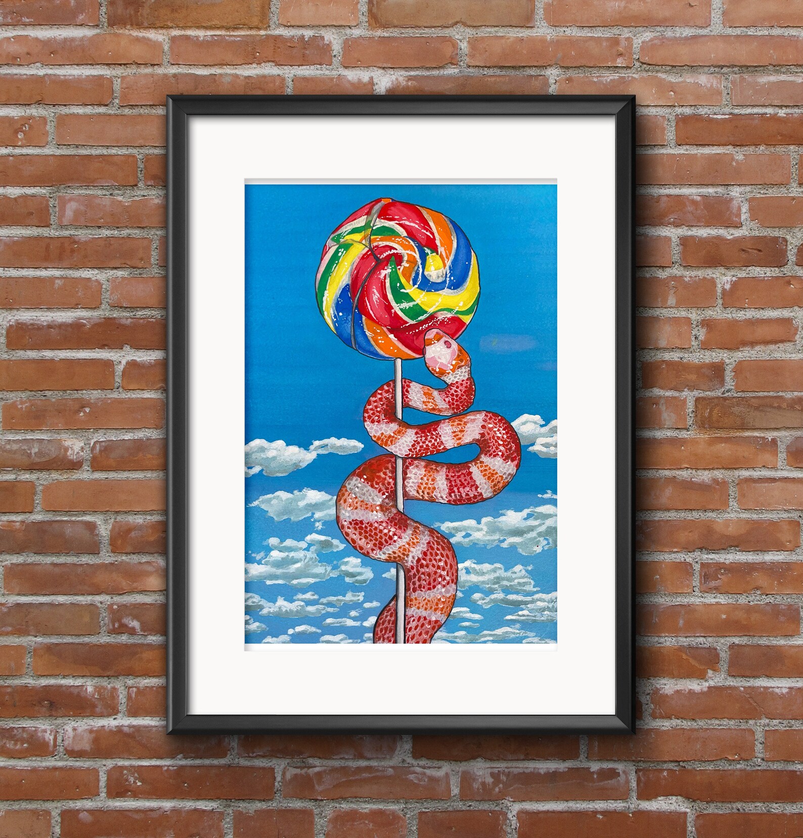 Snake Art Print Original Painting of a Milk Snake and a Lollipop Clouds ...