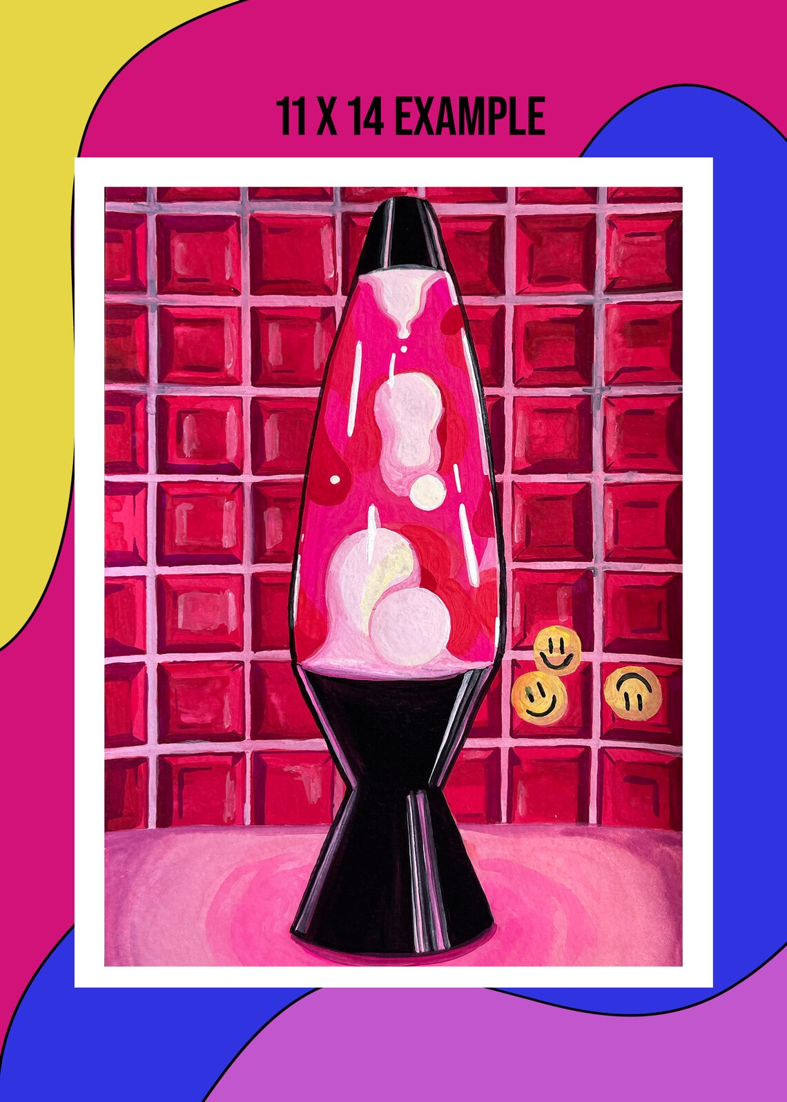 Red Lava Lamp Original Wall Art Print 90s Smiley Pink Handmade Painting ...