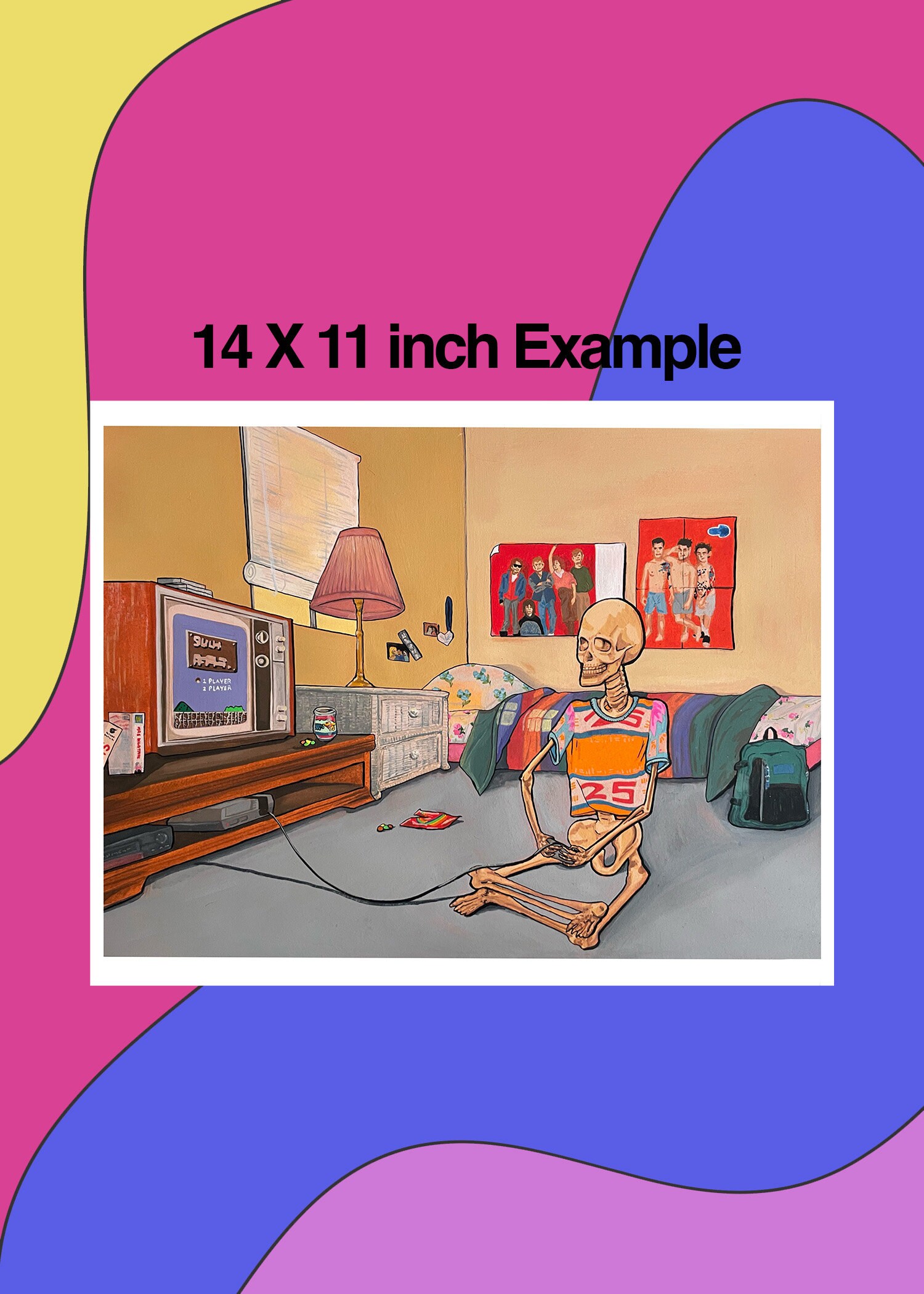 Skeleton Art Print Original Painting of Skeleton Playing Video Games ...