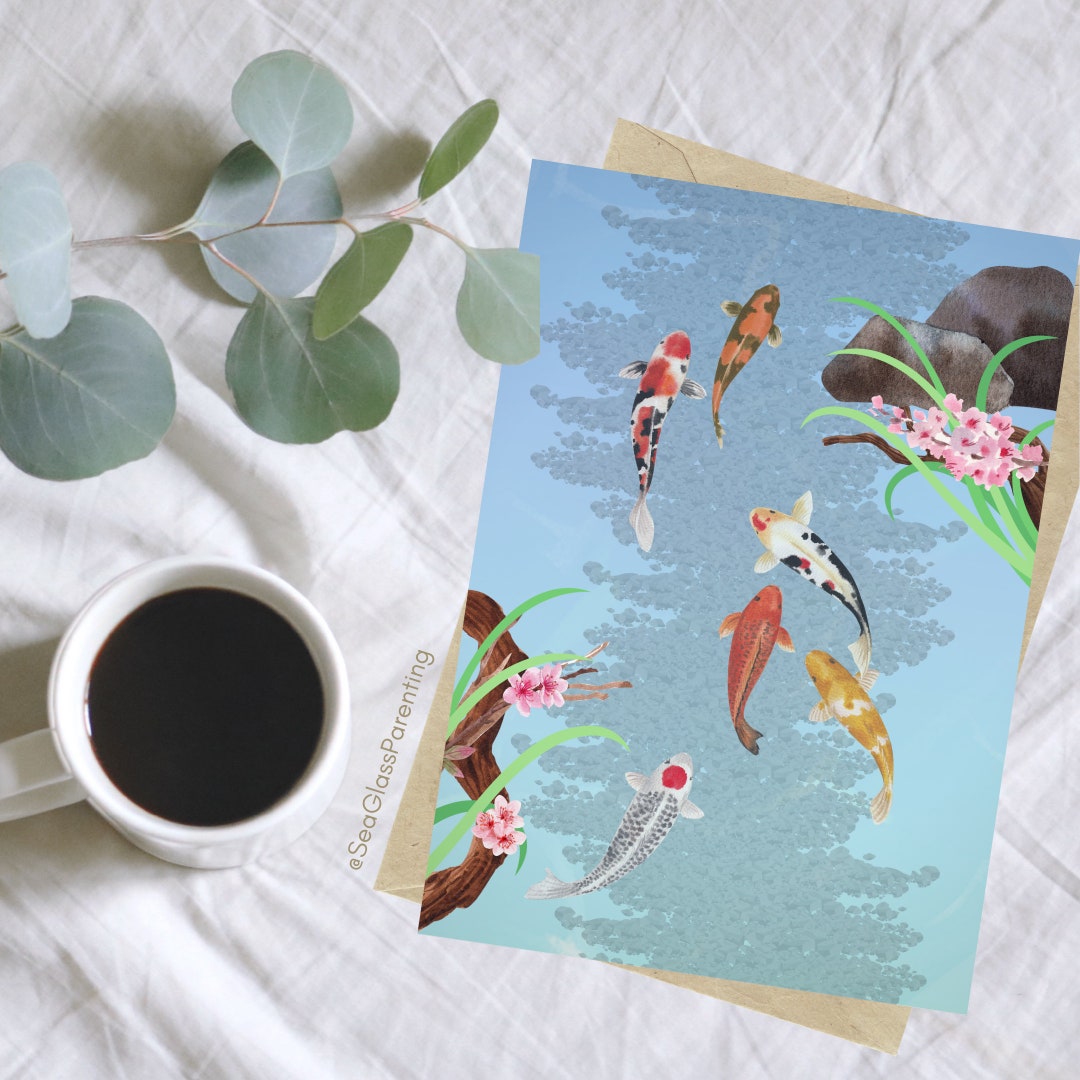 Koi Fish Swimming Greeting Card, Watercolor Cherry Blossom Stream Art ...