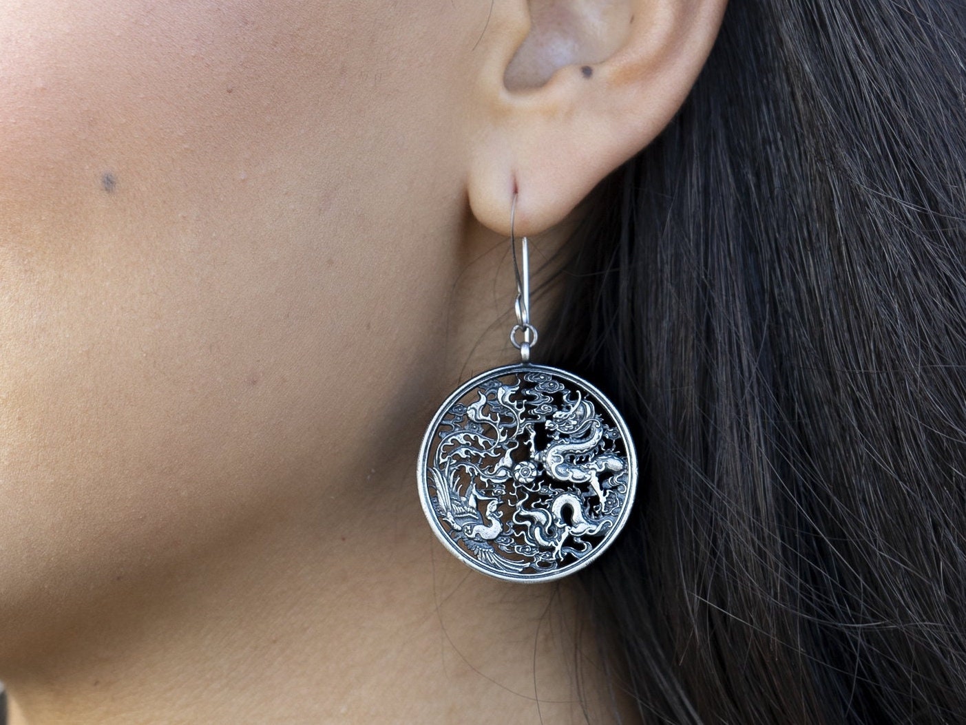 Sterling Silver Oxidized Coin Dragon Earrings, Phoenix Jewelry, Dangle ...