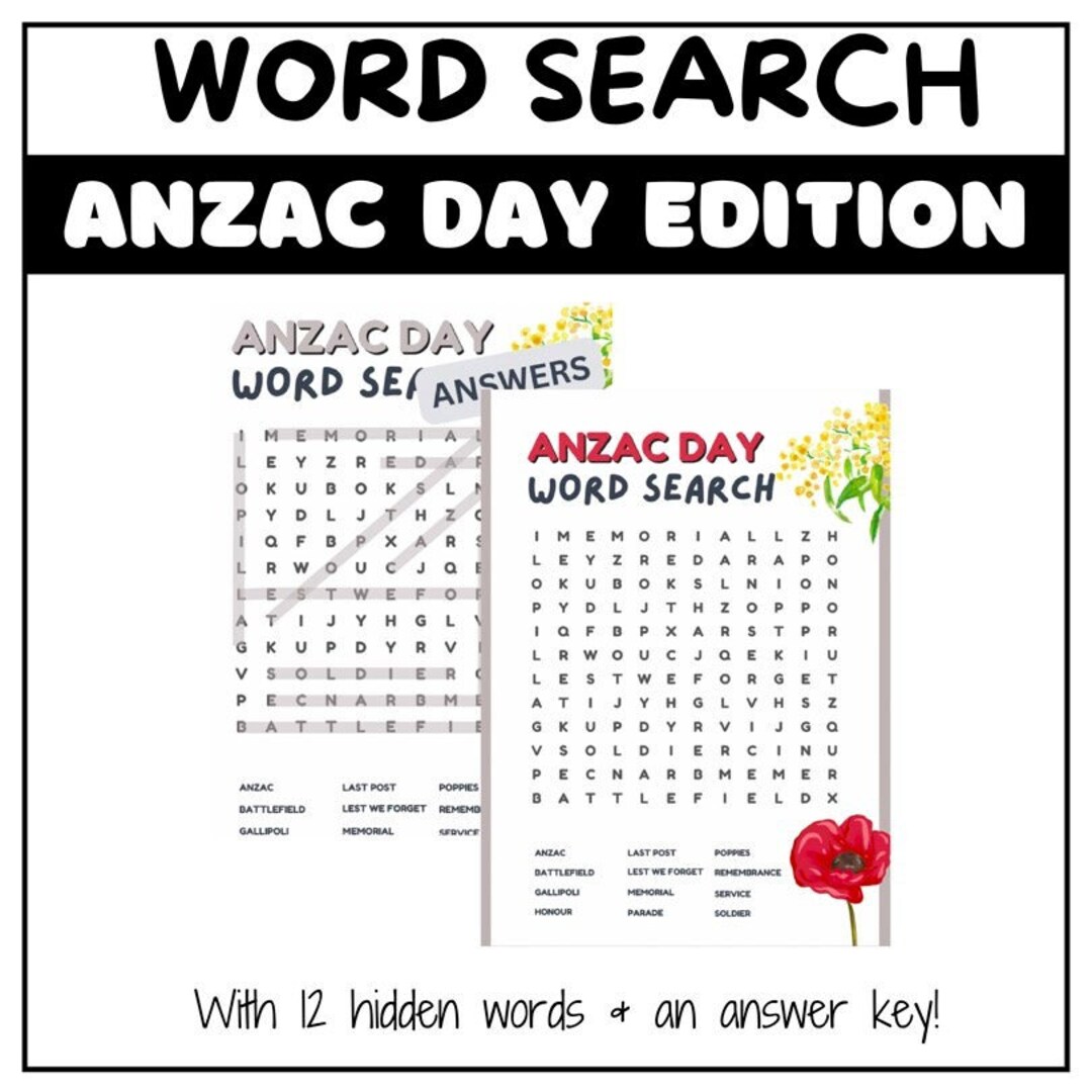 Anzac Day Word Search Find a Word Printable - Etsy