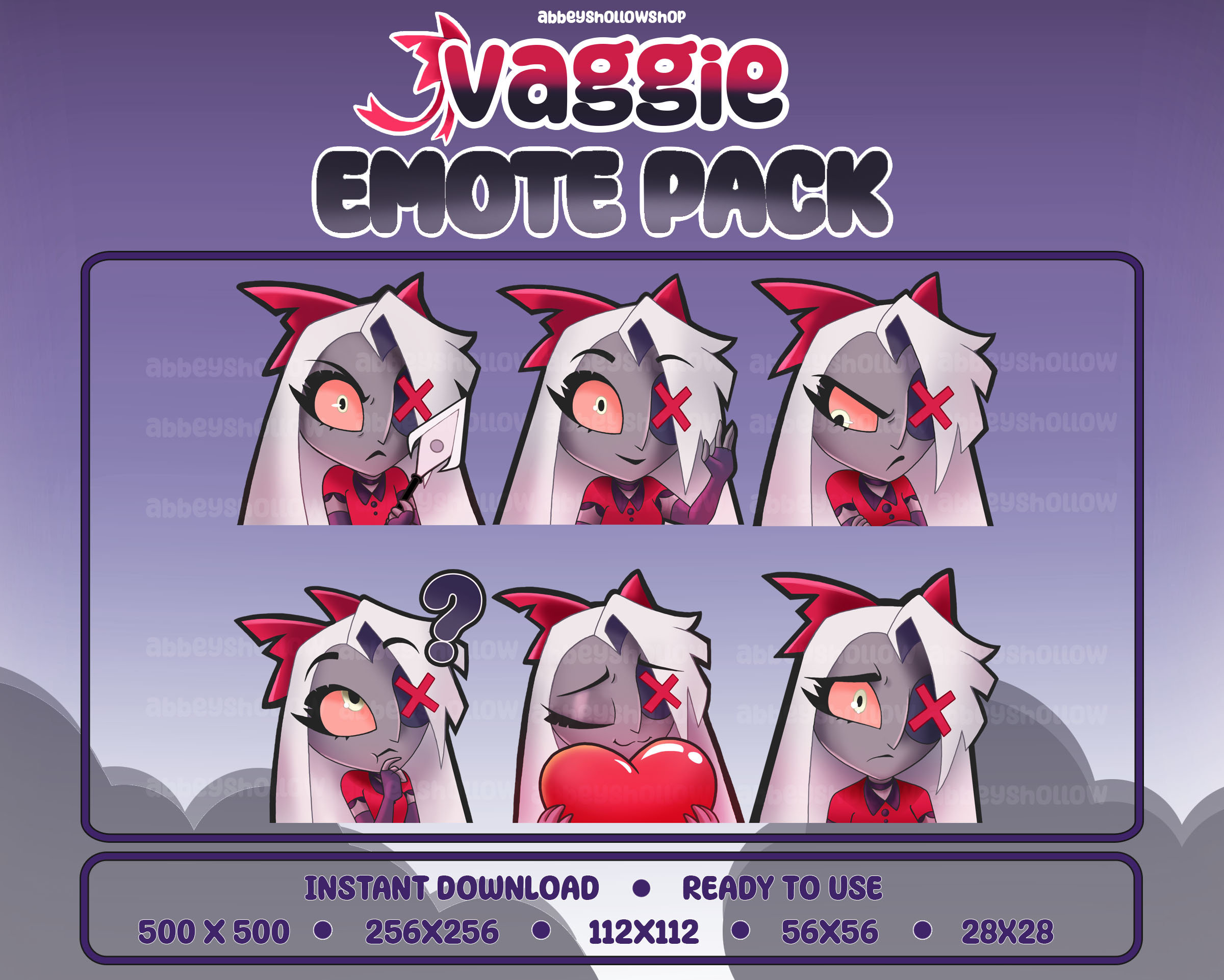Hazbin Hotel | Vaggie Premade Emote Pack (6) | Twitch Emotes | Discord ...