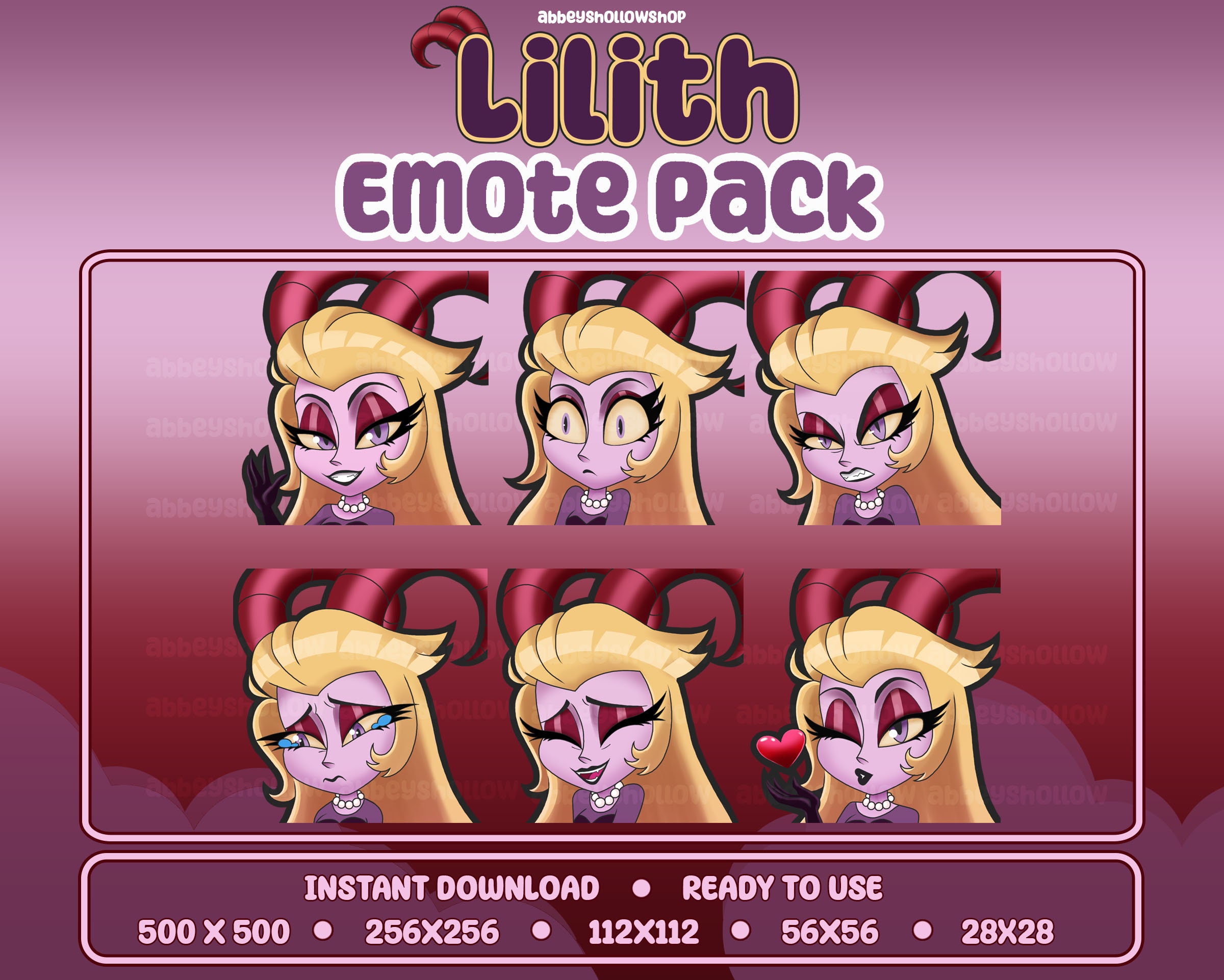Hazbin Hotel Lilith Premade Emote Pack 6 Twitch Emotes Discord Emotes ...