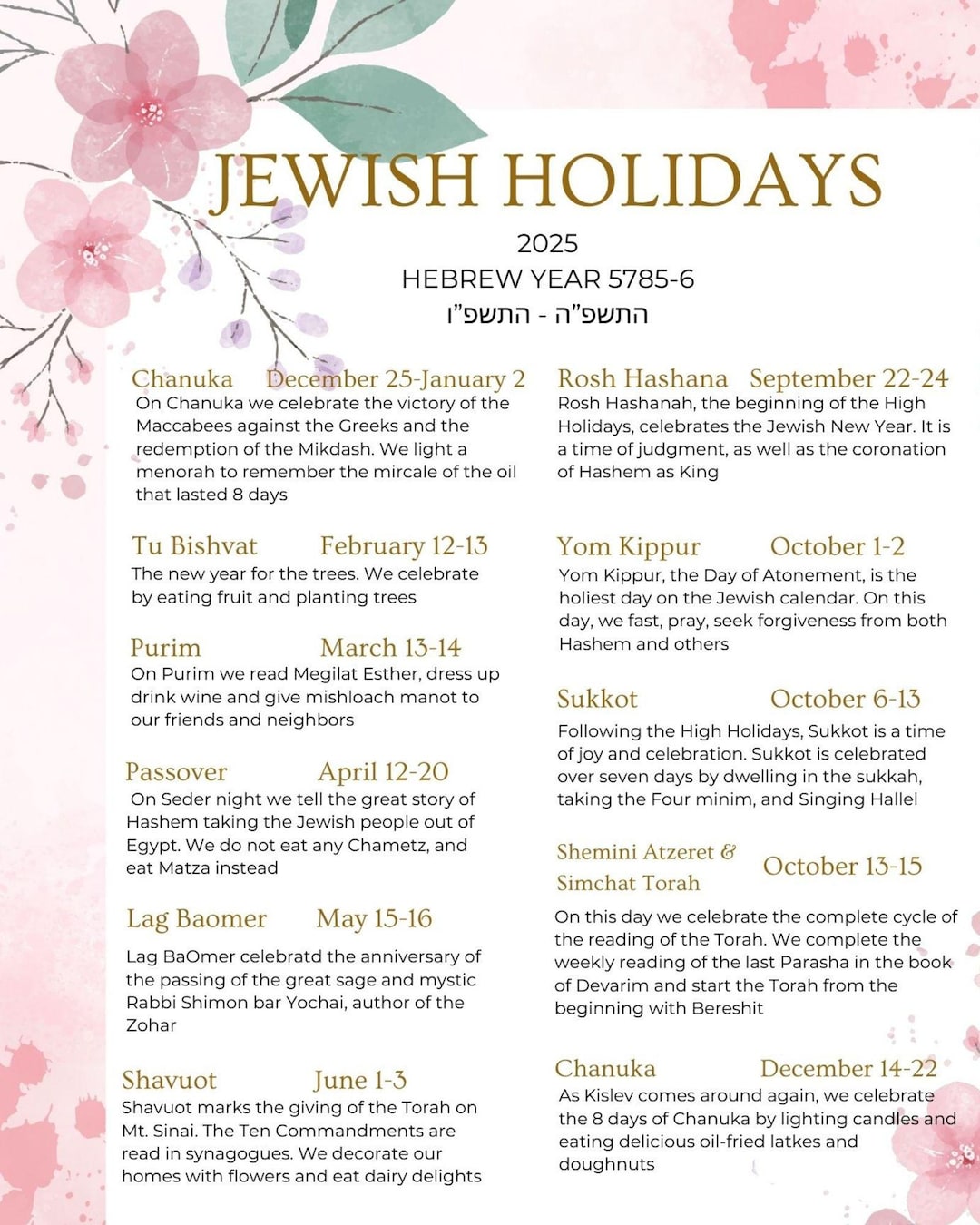 Jewish Holiday Calendar 2025 Rosh Hashanah Gifts Judaica Prints 5785 ...