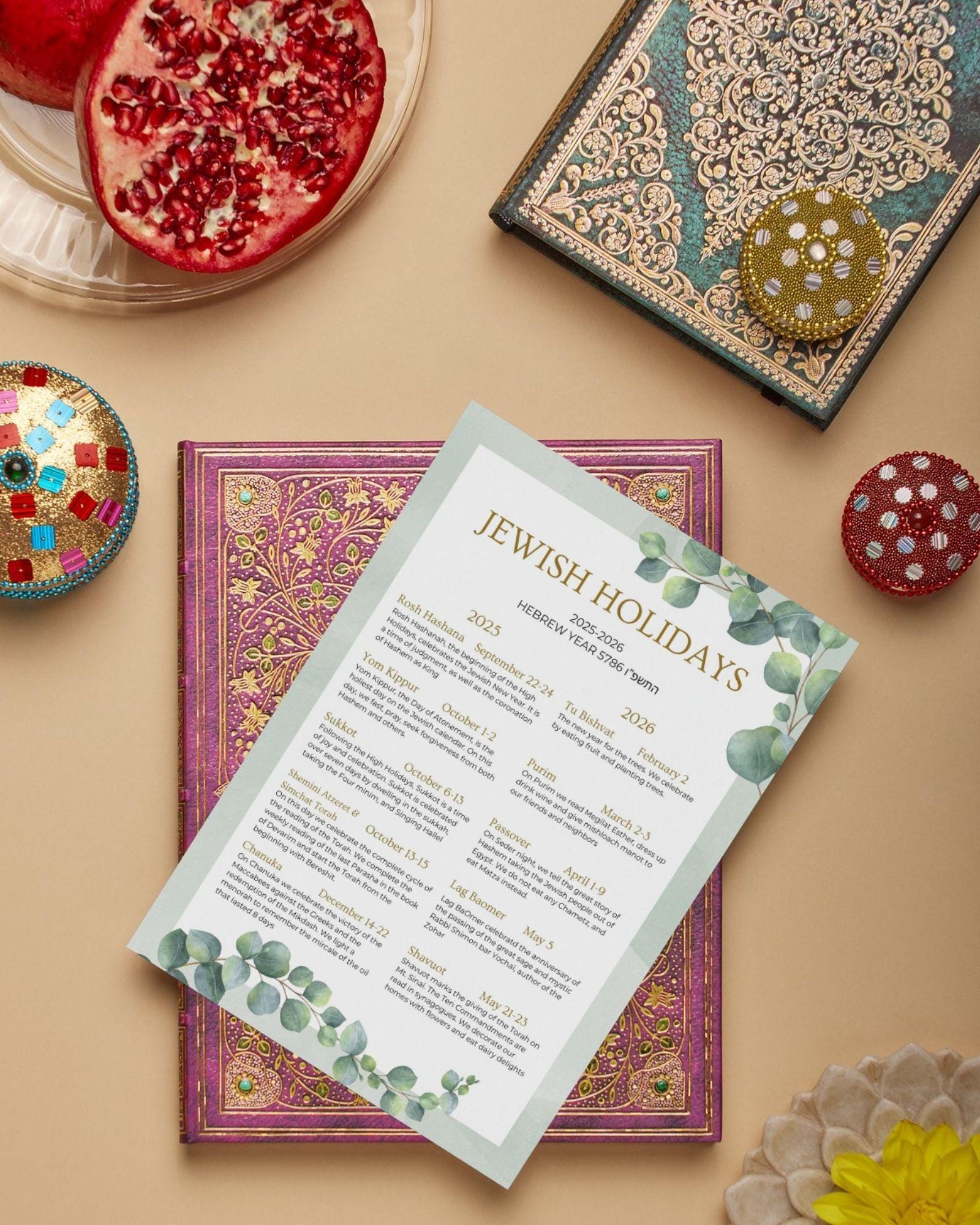 Jewish Holiday Calendar 2025-2026 Rosh Hashanah Gifts Judaica Prints ...