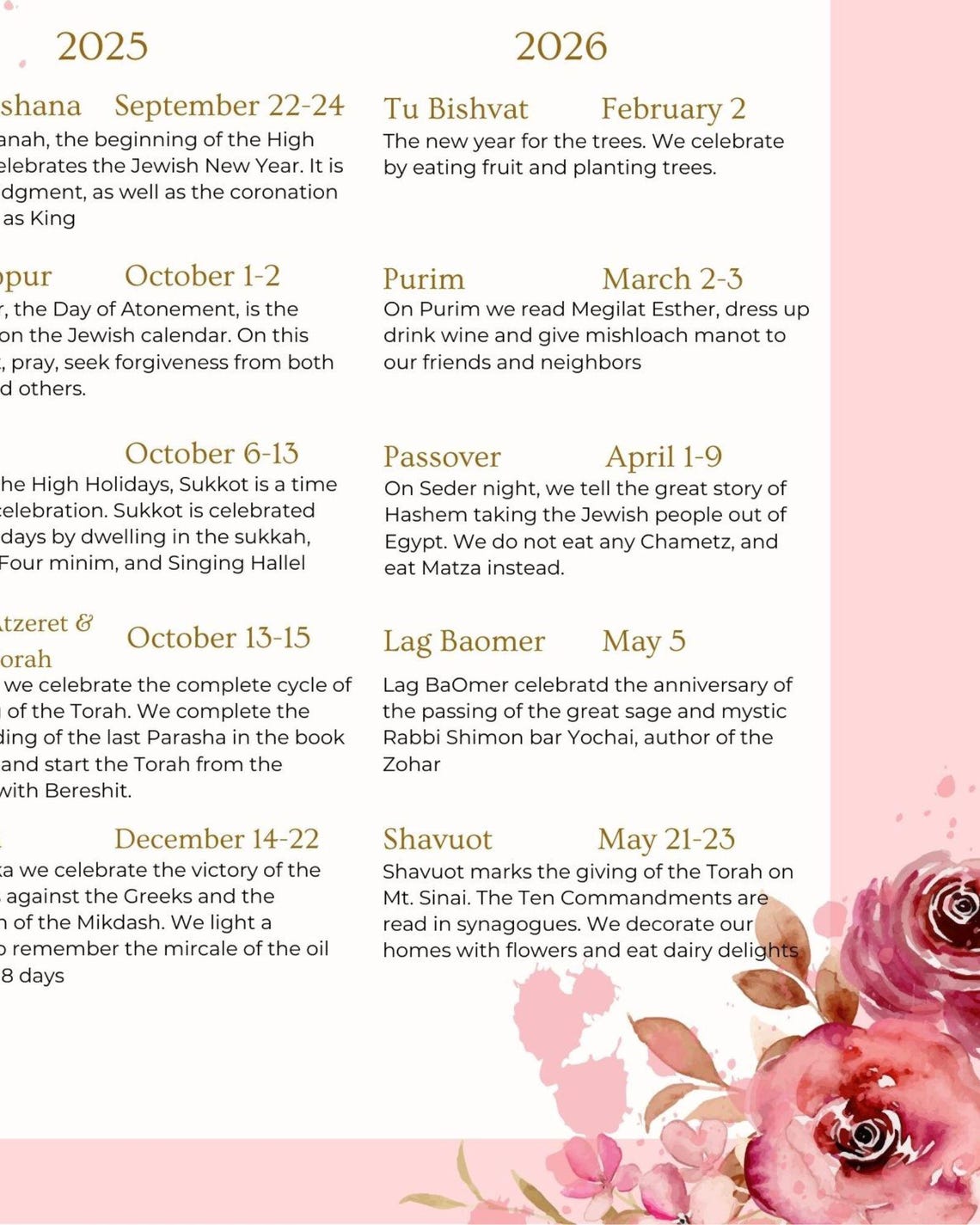 Jewish Holiday Calendar 2025 2026 Rosh Hashanah Gifts Judaica Prints ...