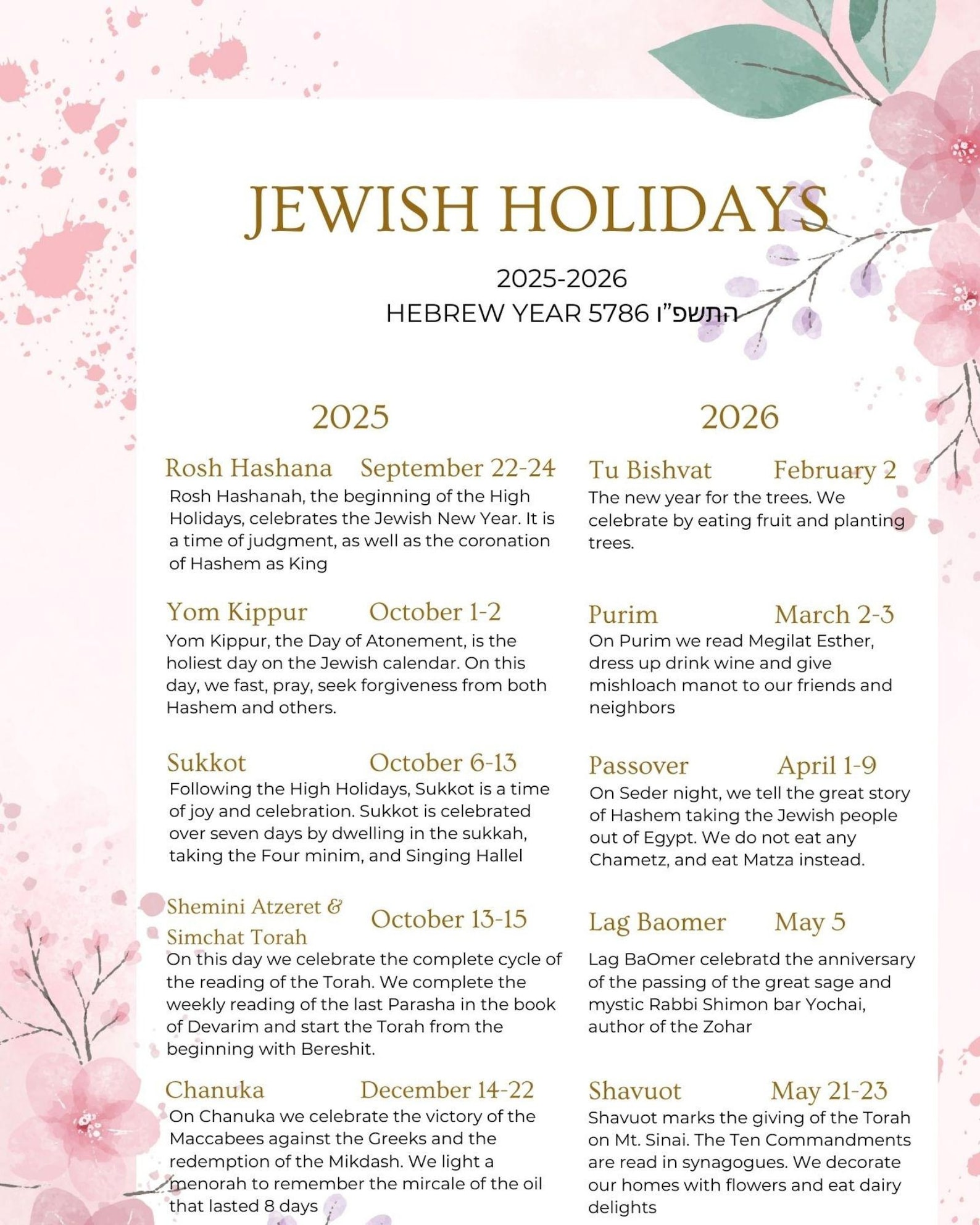 Jewish Holiday Calendar 2025-2026 Rosh Hashanah Gifts Judaica Prints ...