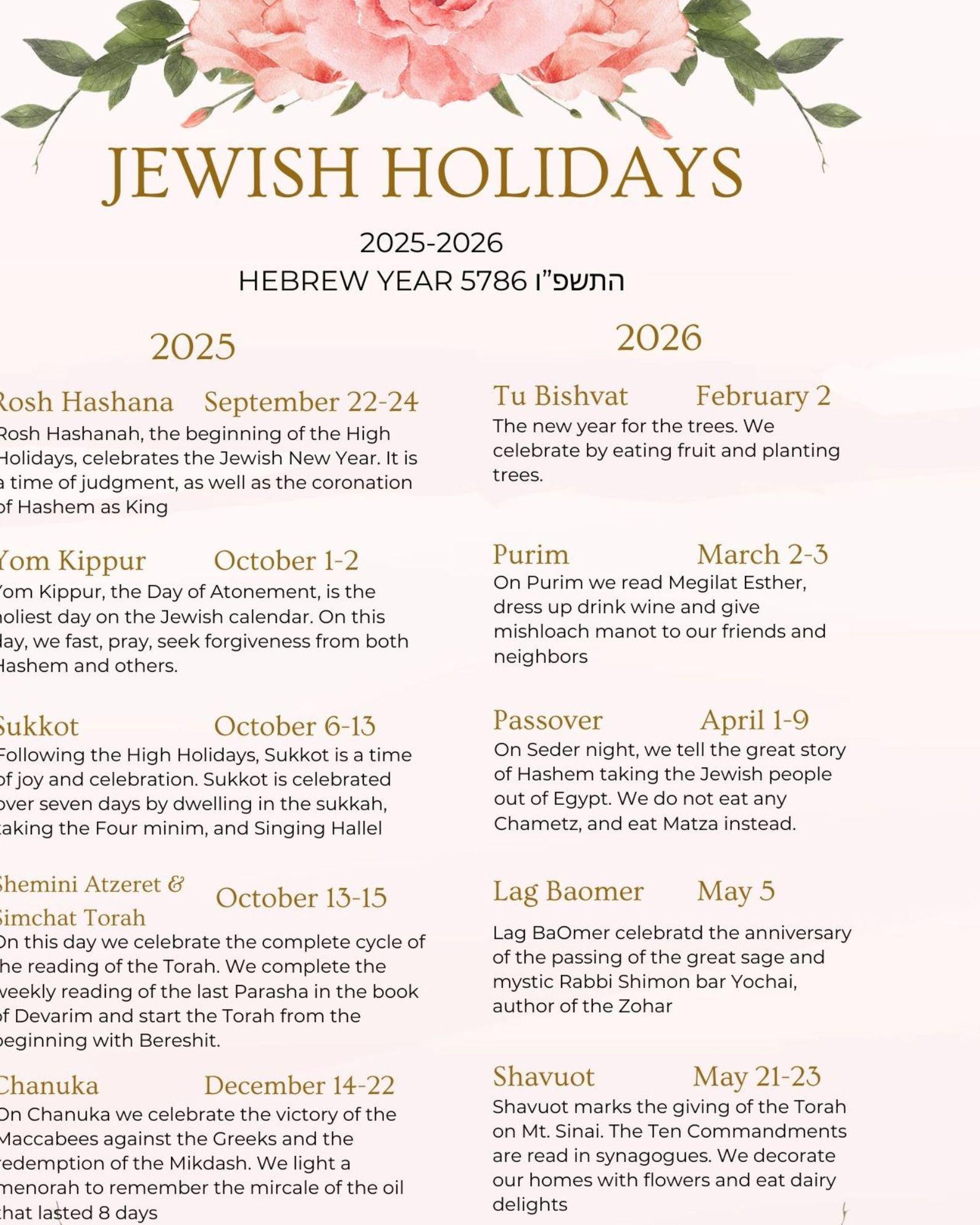 Jewish Holiday Calendar 2025 2026 Rosh Hashanah Gifts Judaica Prints ...