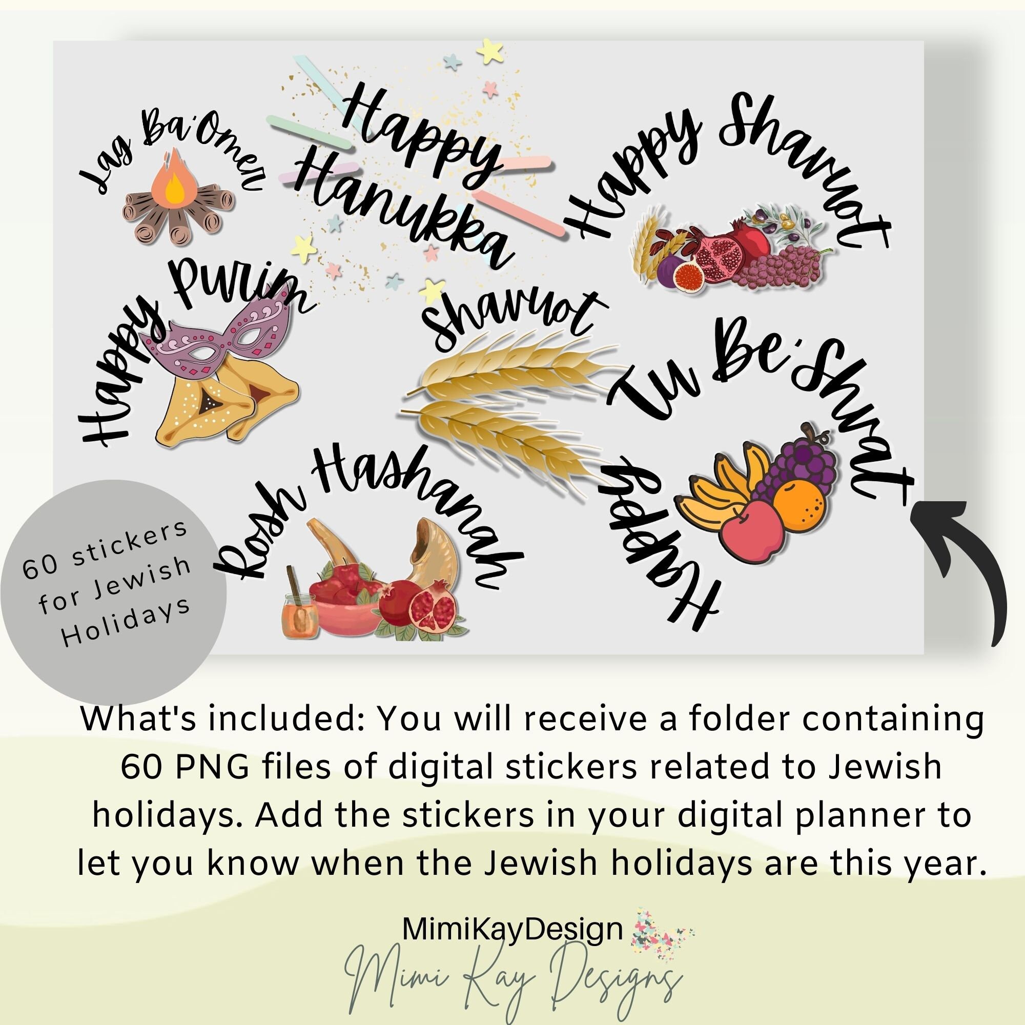 Jewish Holiday Digital Stickers Set PNG Files Rosh Hashanah, Hannuka ...