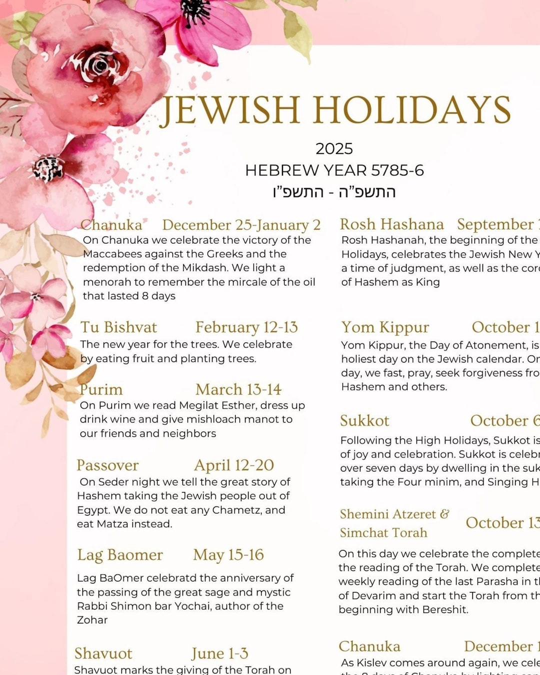Jewish Holiday Calendar 2025 Rosh Hashanah Gifts Judaica Prints 5785 ...